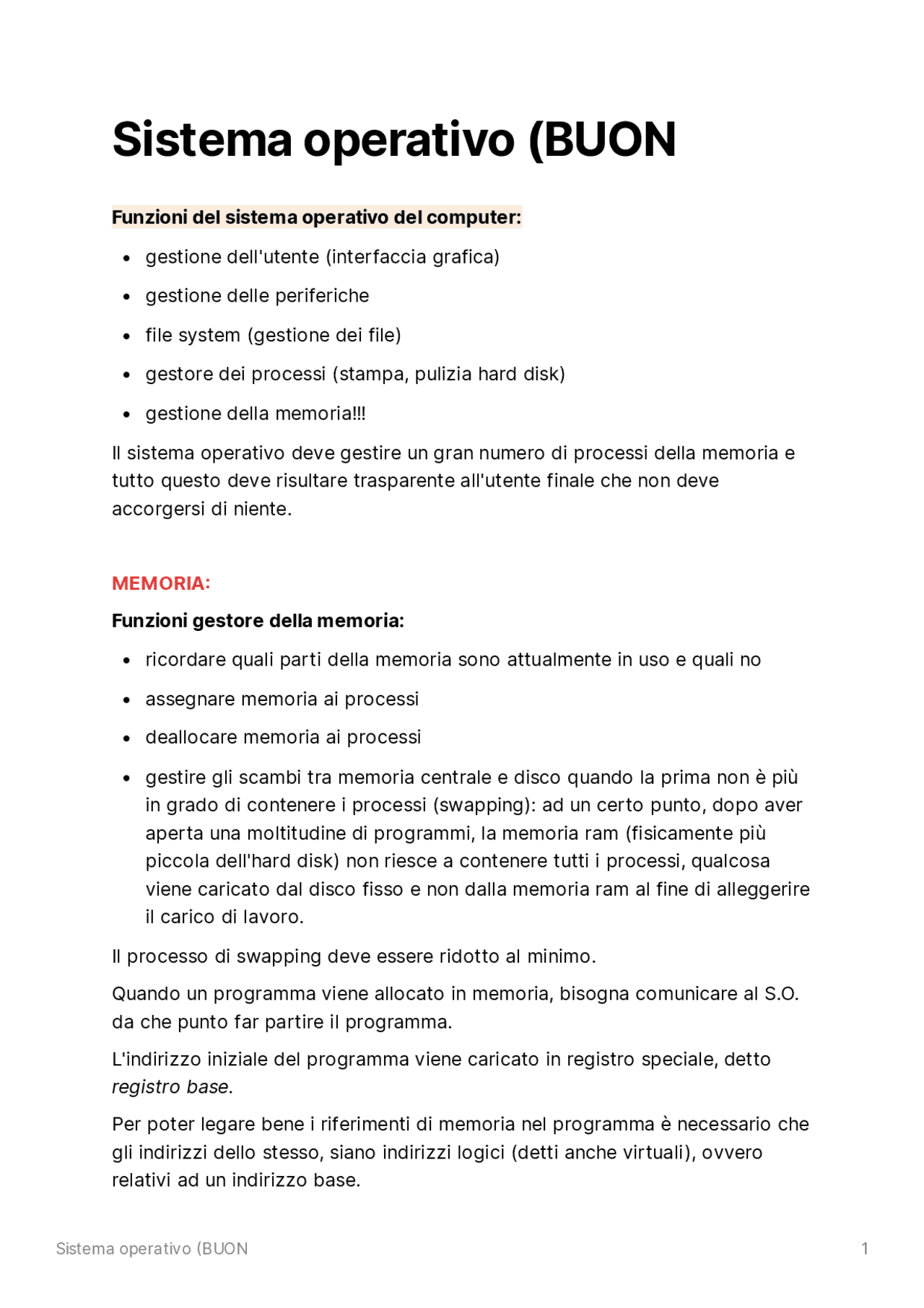 Appunti Su Sistema Operativo E Funzionamento Della Memoria Docsity