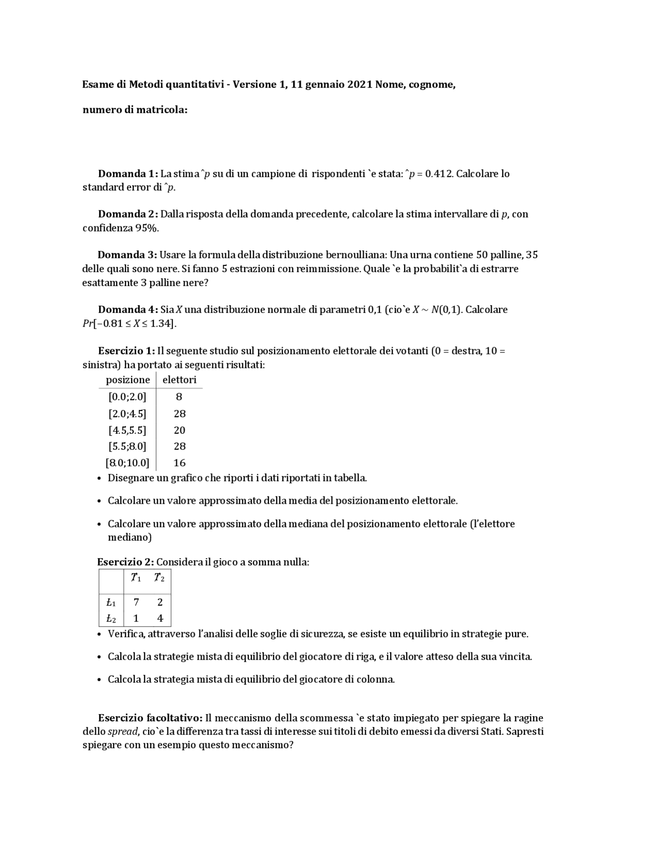 Esame Metodi Quantitativi Docsity