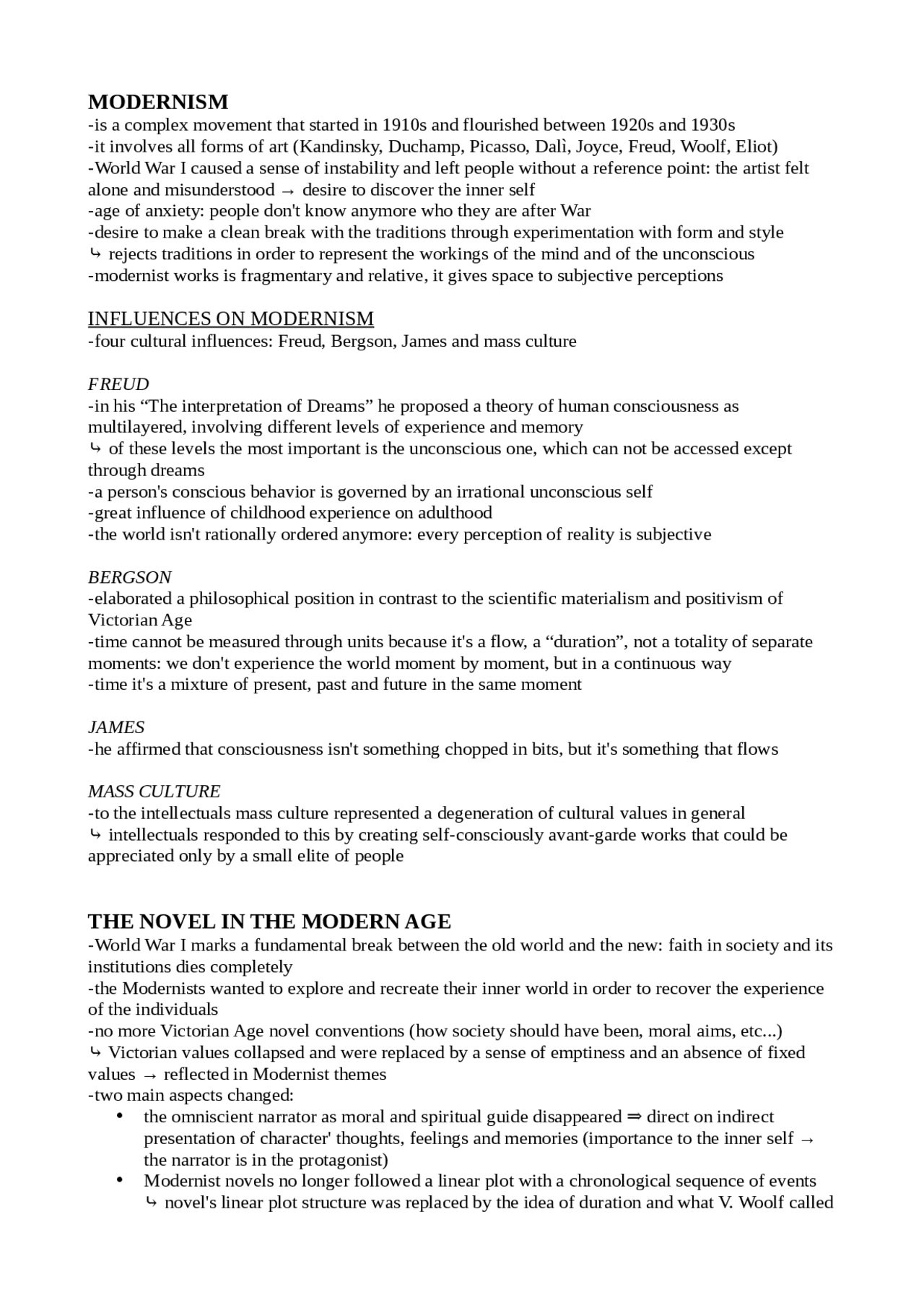 Modernism and the novel in Modern Age - Docsity