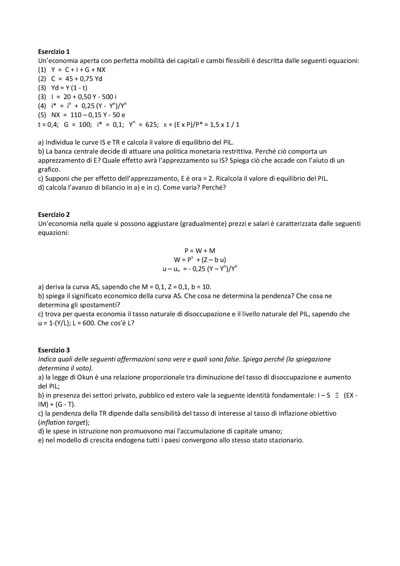 Simulazione Esame Macroeconomia 3 Docsity
