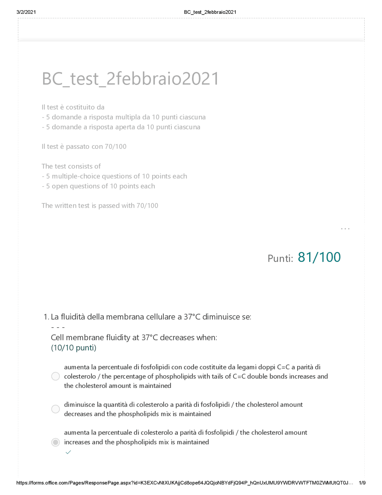 Esame Di Bioingegneria Cellulare Del 02022021 Docsity