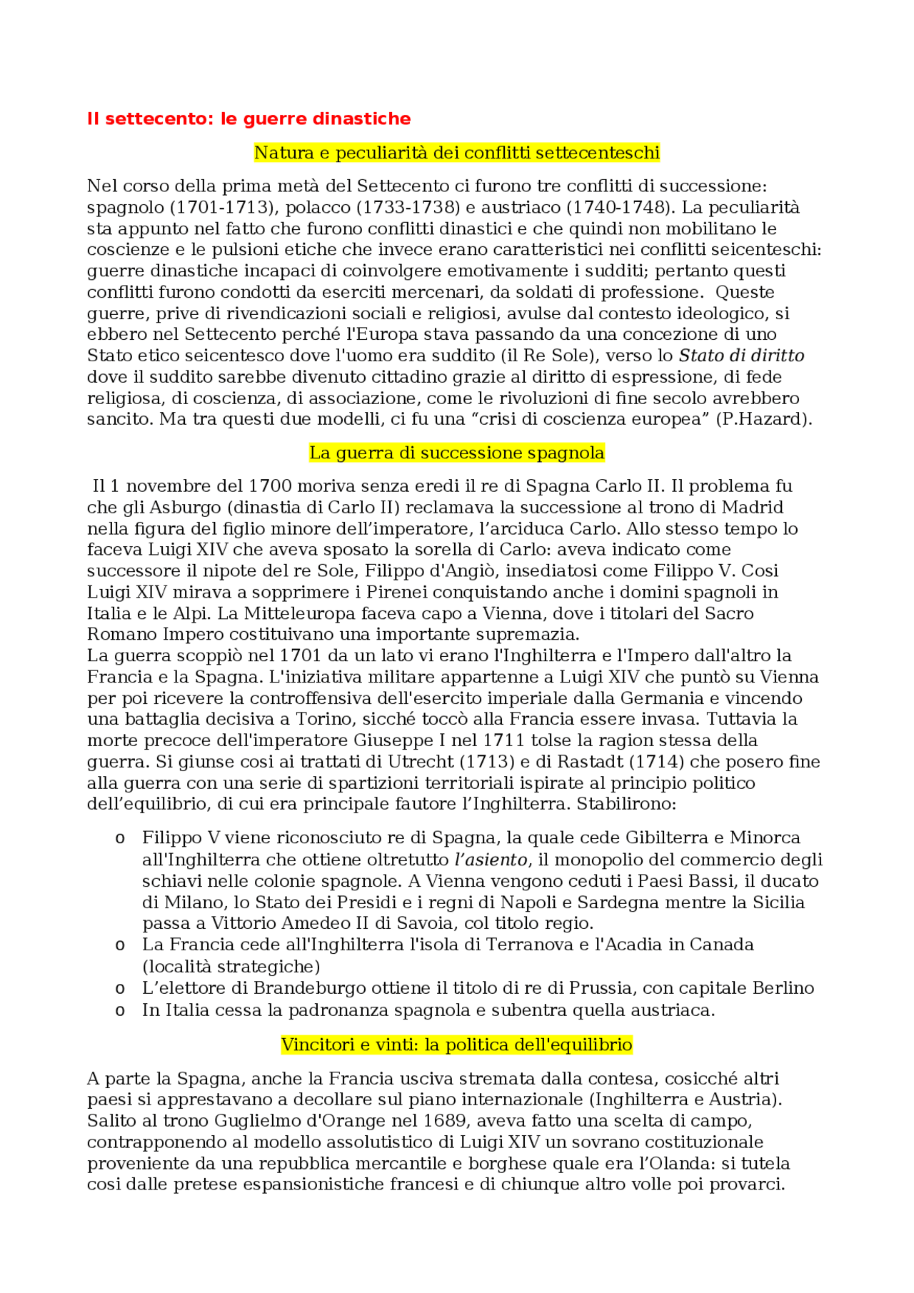 Il Settecento Guerre Dinastiche Docsity