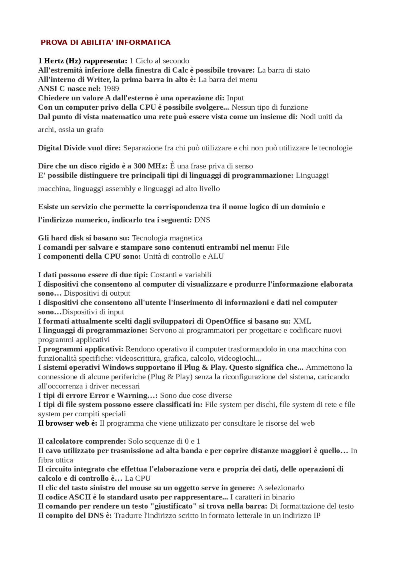 Prova Di Abilita Informatica Docsity