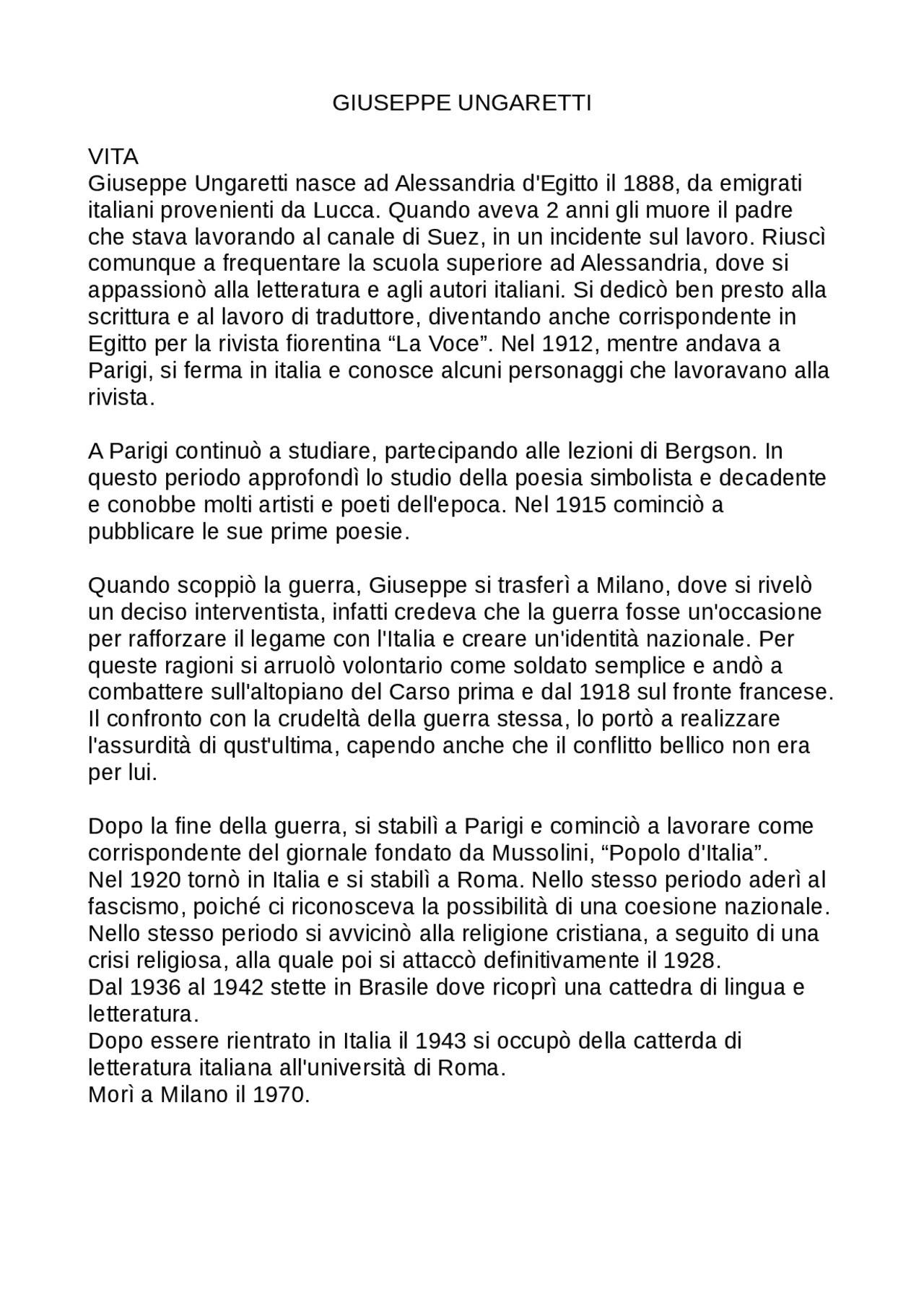 Ungaretti Opere E Vita Docsity