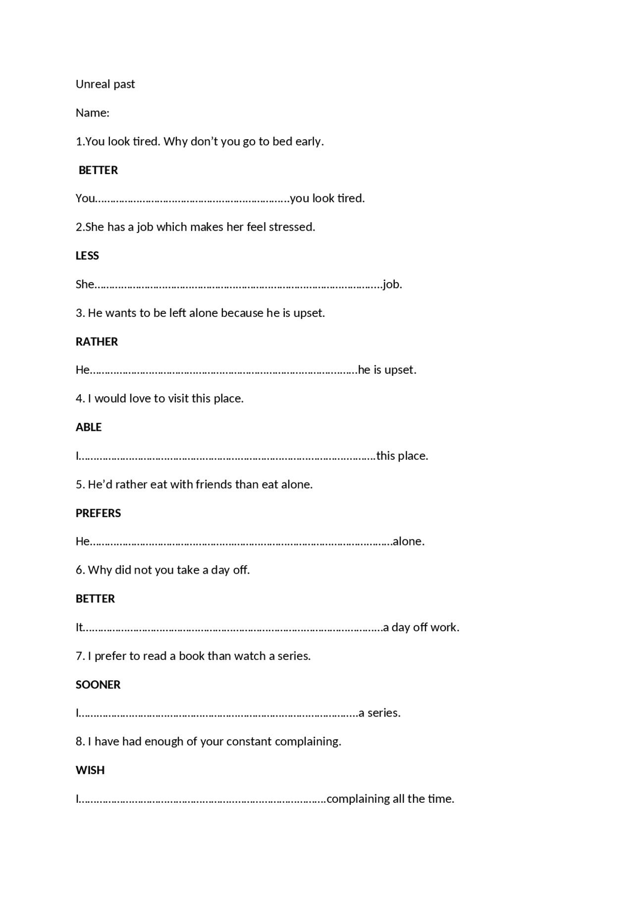 Unreal past . Grammar exams - Docsity