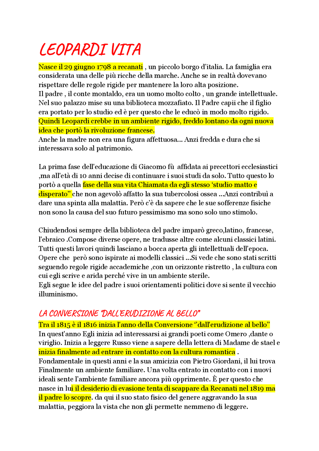 Leopardi Vita E Opere Docsity