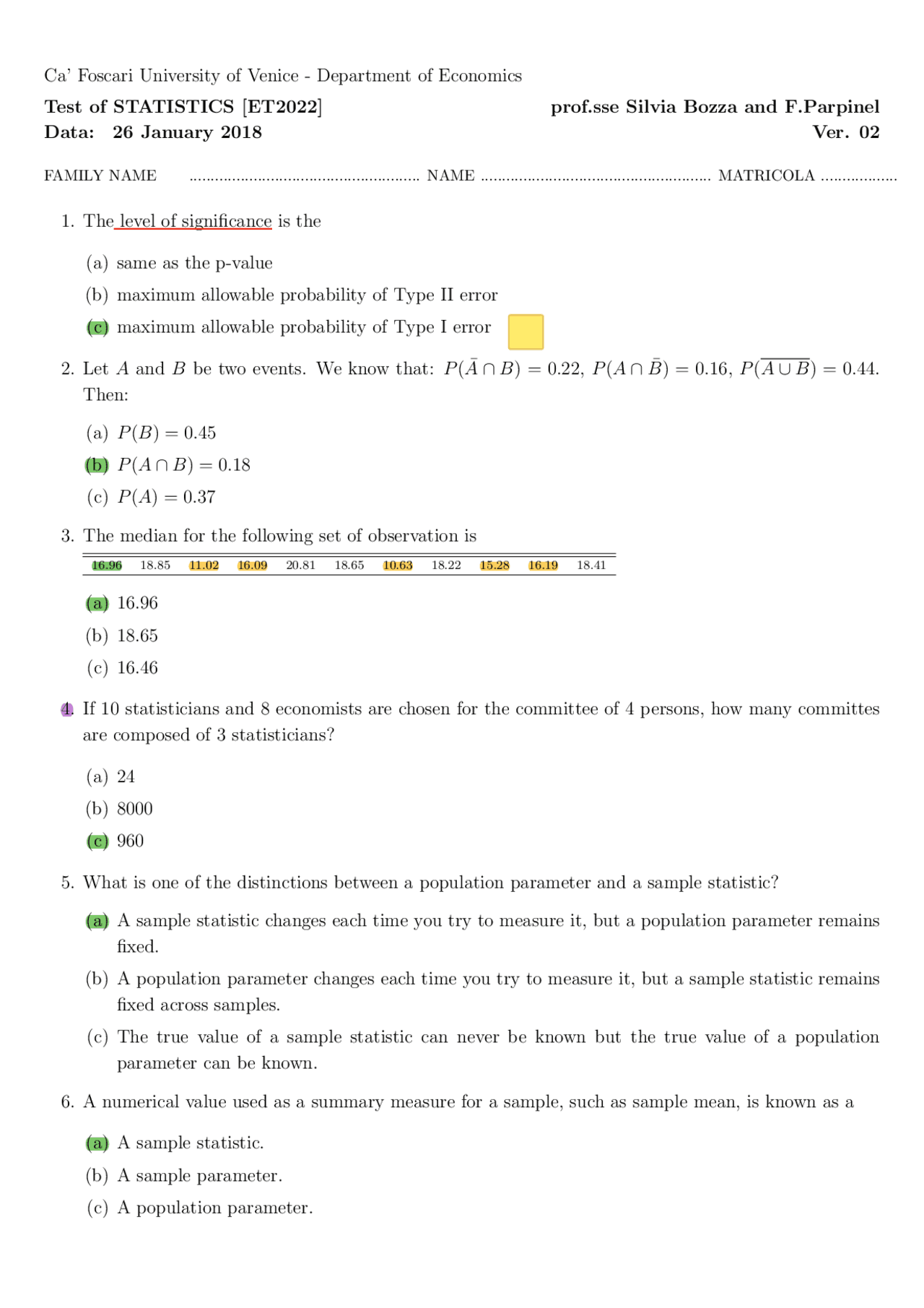 Statistics Esame Economics Docsity