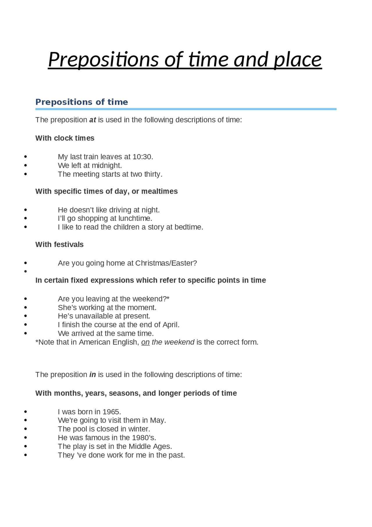 Prepositions of time and place - Docsity