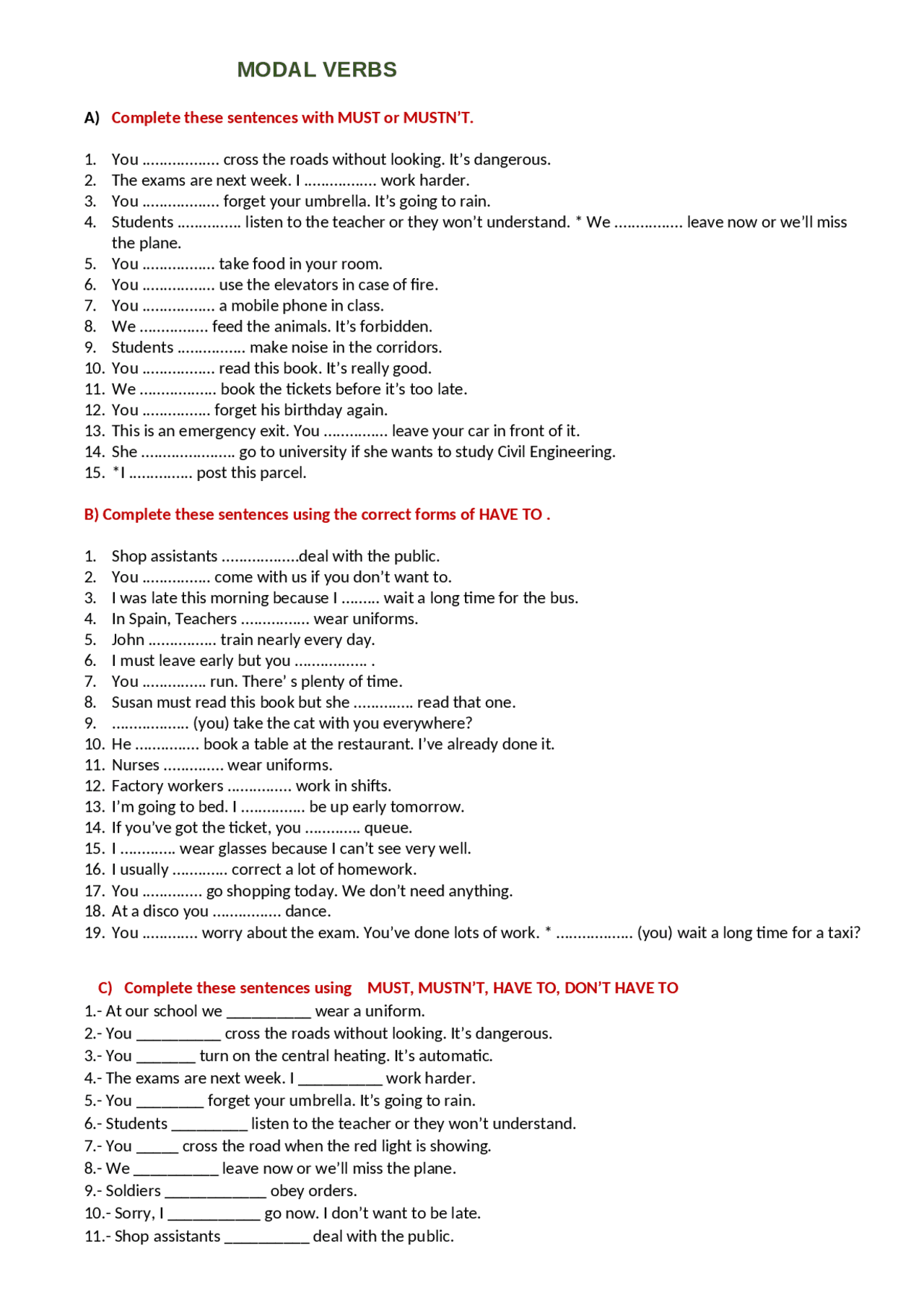 Modal verbs exercises - Docsity