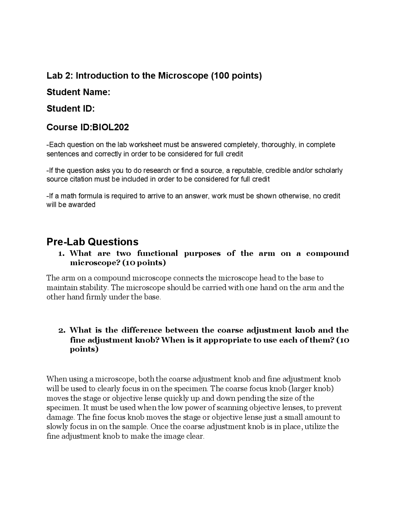 Microbiology Lab 2 answers | Lab Reports Microbiology | Docsity