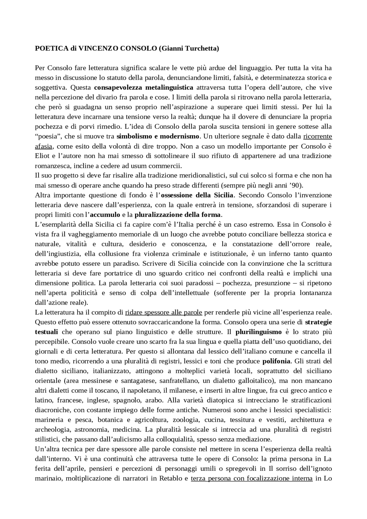 Poetica Di Vincenzo Consolo Docsity