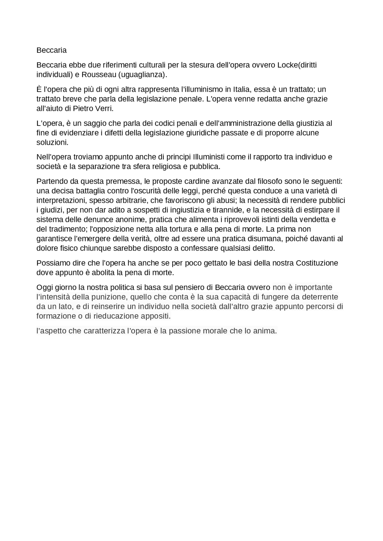 Piccolo Riassunto Beccaria Docsity