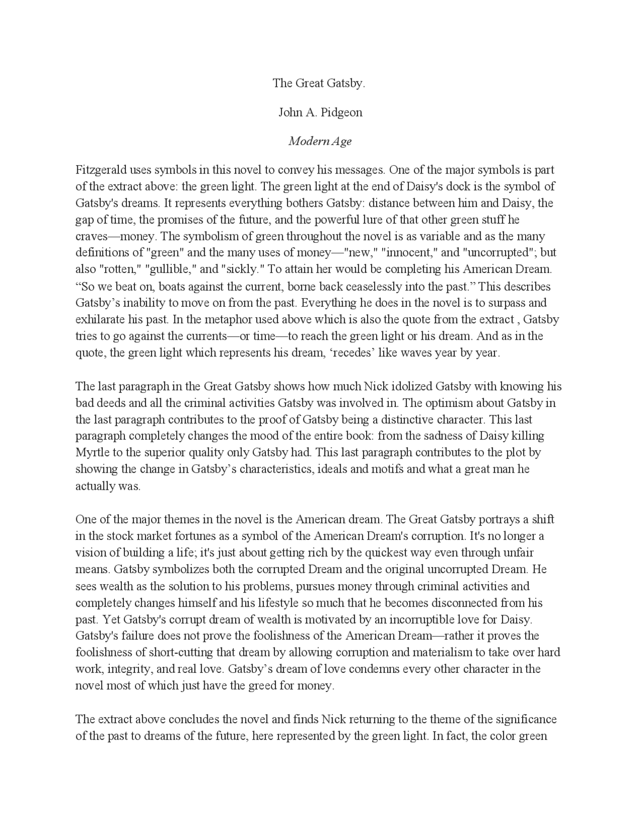 The Great Gatsby John Pidgeon Docsity