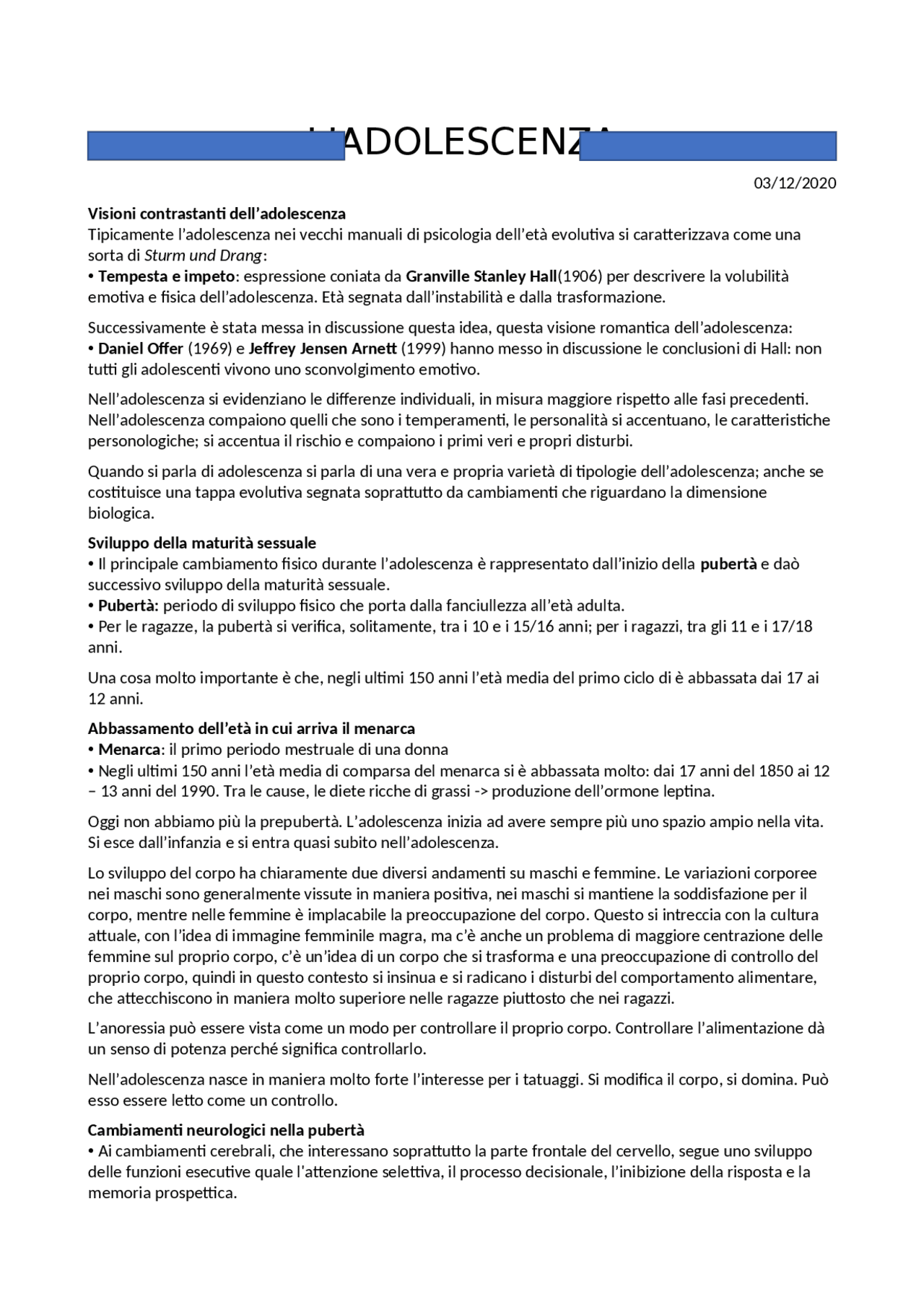 Appunti Ladolescenza Docsity