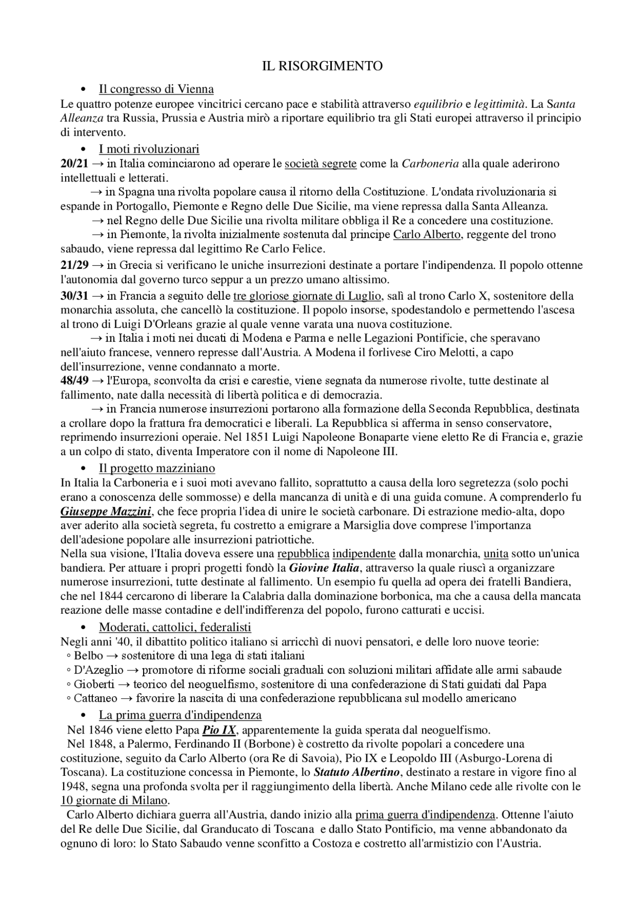 Il Risorgimento Riassunto Docsity
