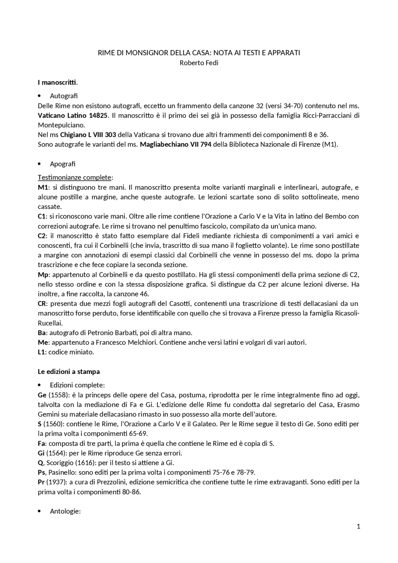 Riassunto saggio "Rime di Monsignor Della Casa: nota ai testi e ...