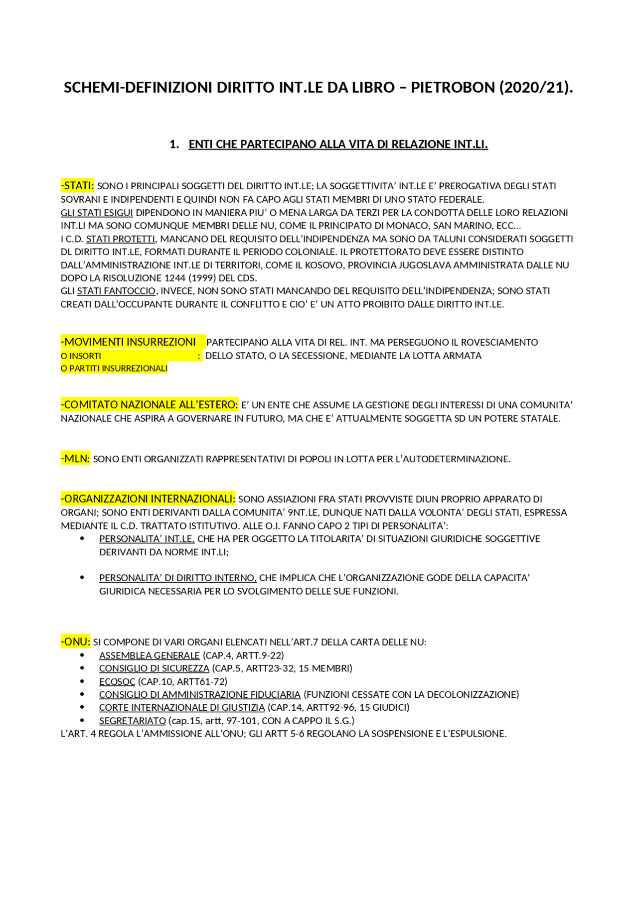 Schemi Definizioni Diritto Intle Da Libro Pietrobon Docsity