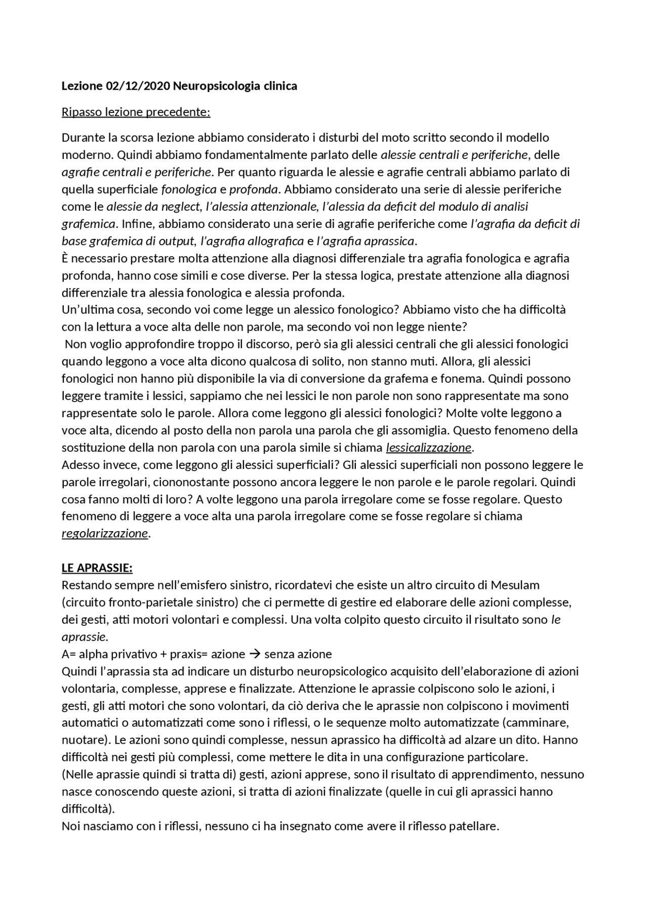 Lezione Neuropsicologia Clinica Aprassia Docsity