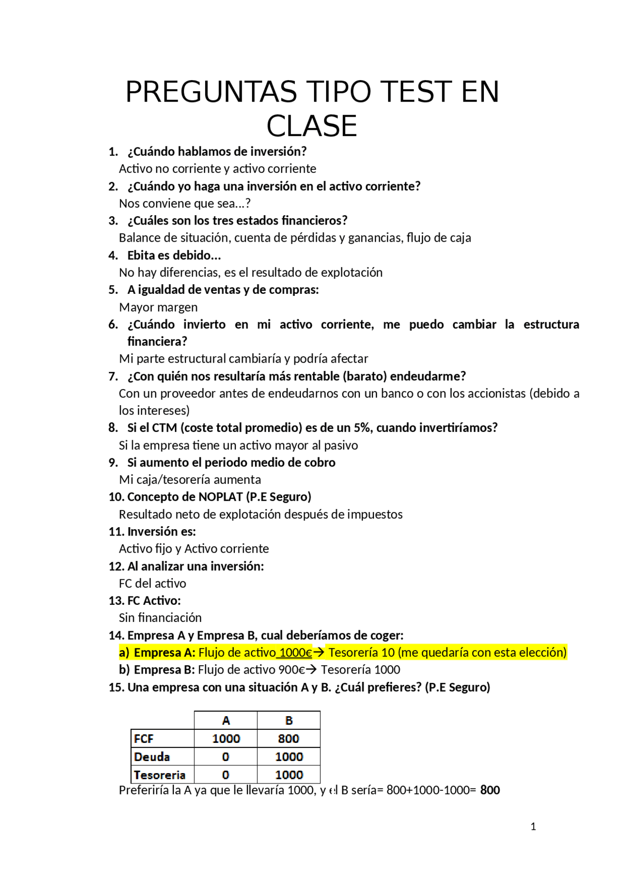 Preguntas Tipo test tomados en clase - Docsity