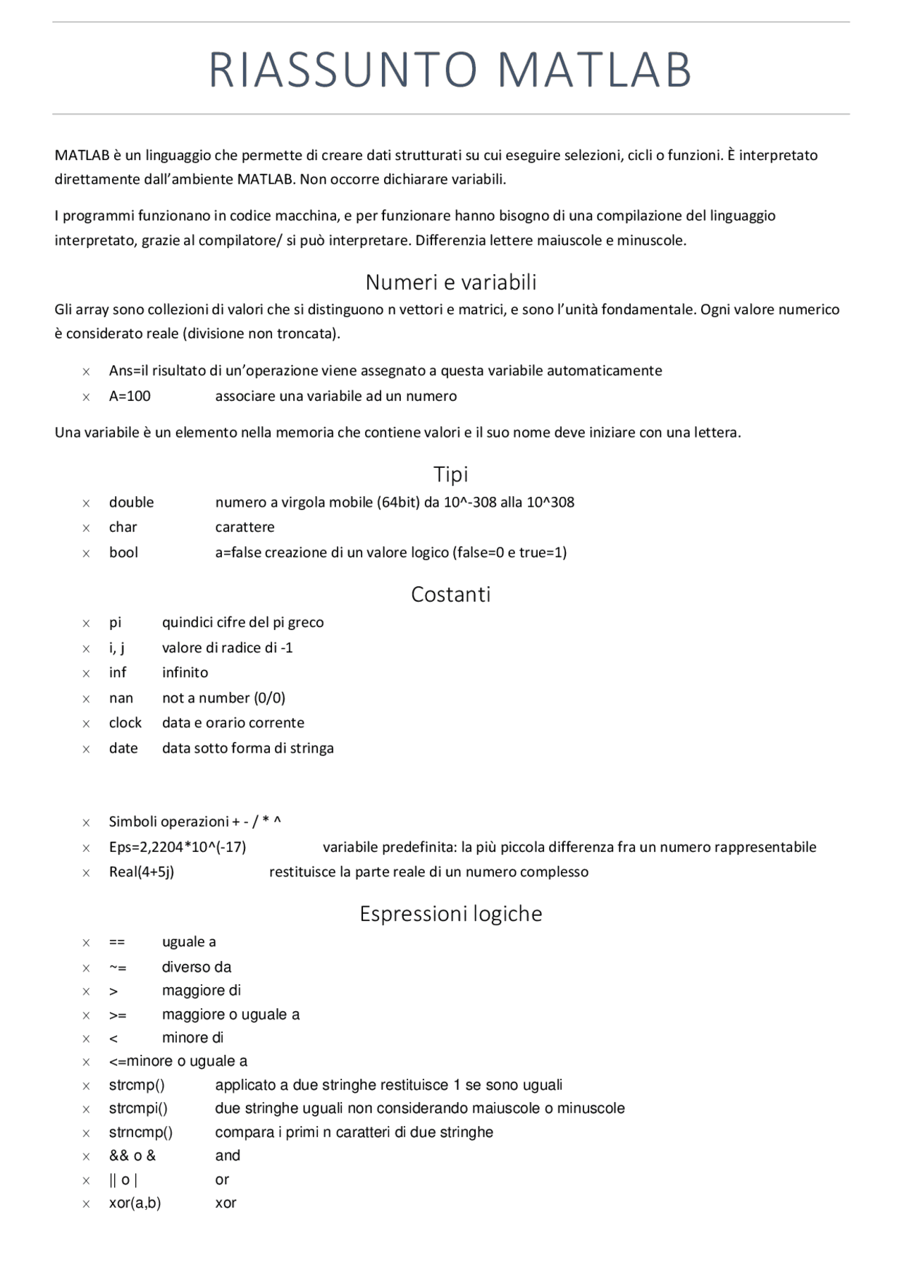 Riassunto Libro Matlab Docsity