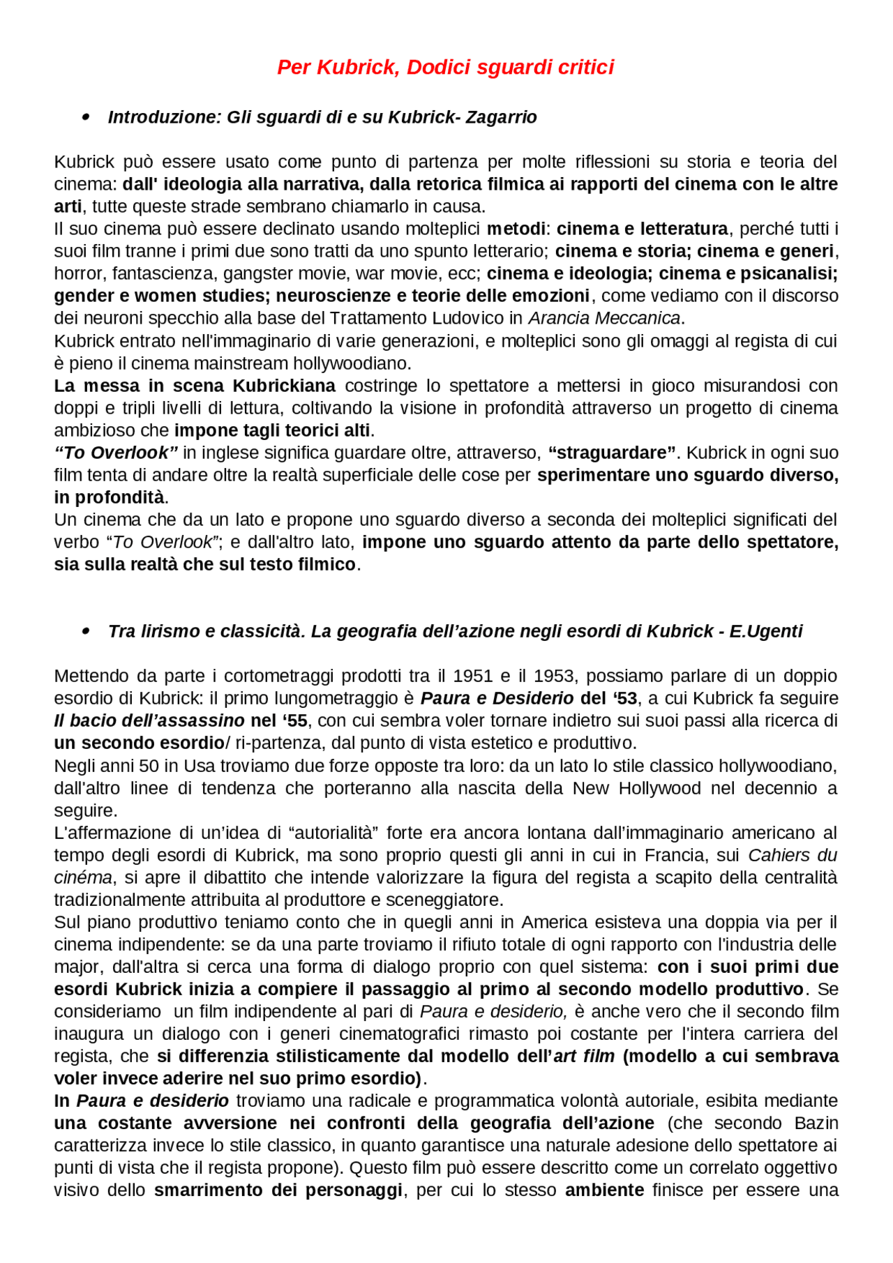 Per Kubrick Dodici Sguardi Critici Zagarrio Docsity