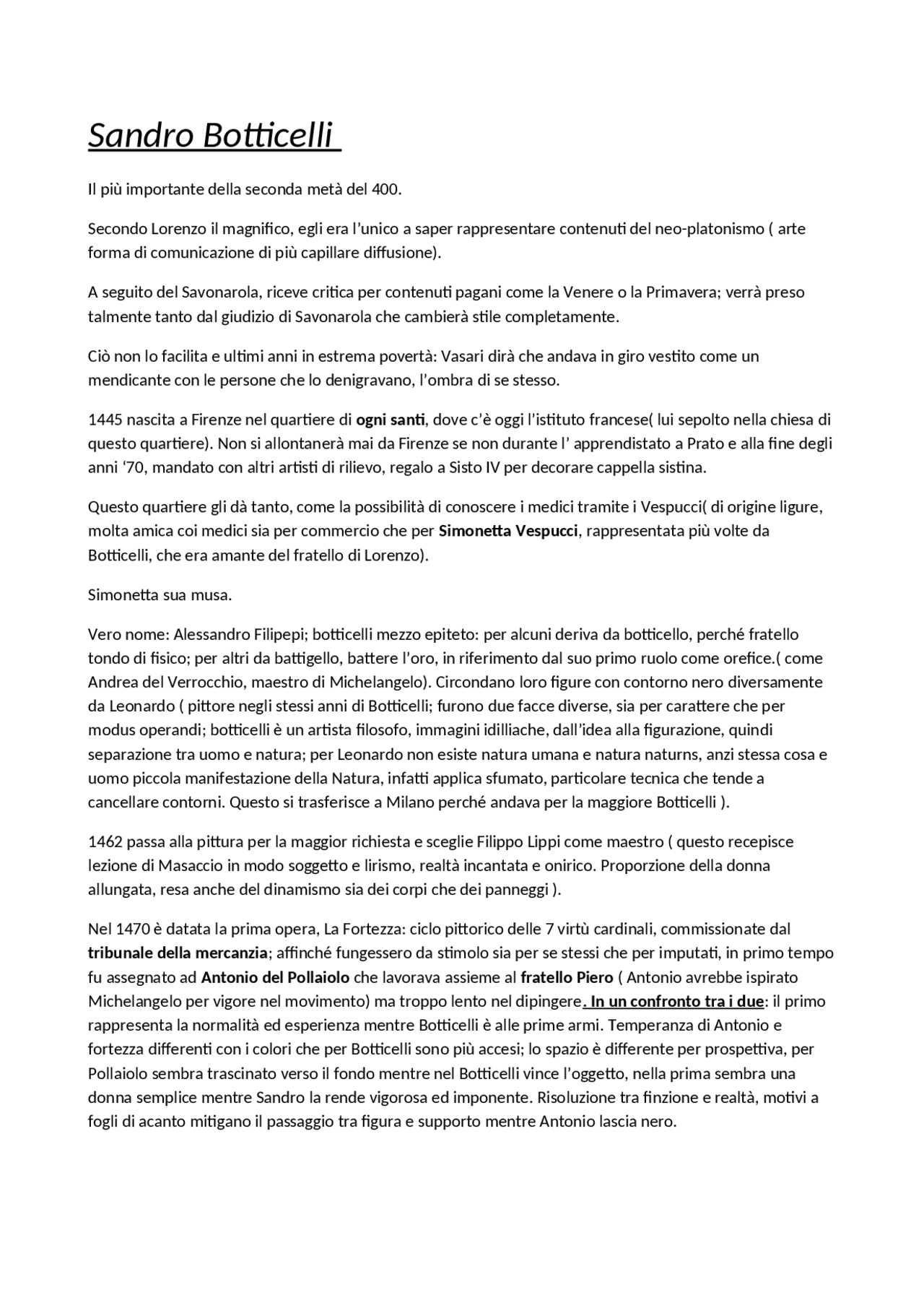 Sandro Botticelli e principali caratteri dell'arte - Docsity