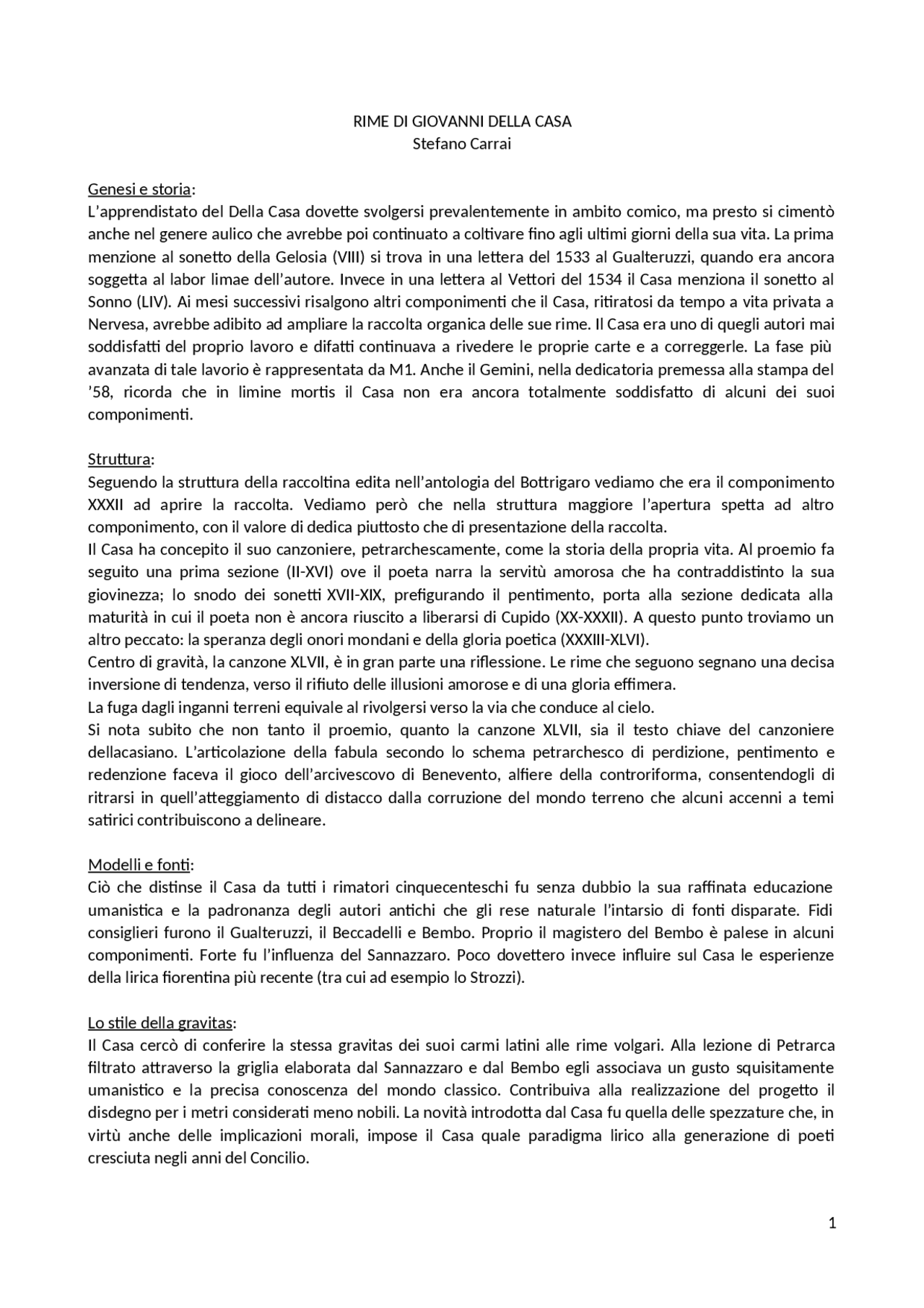 Riassunto Saggio Rime Di Giovanni Della Casa Di Stefano Carrai Docsity