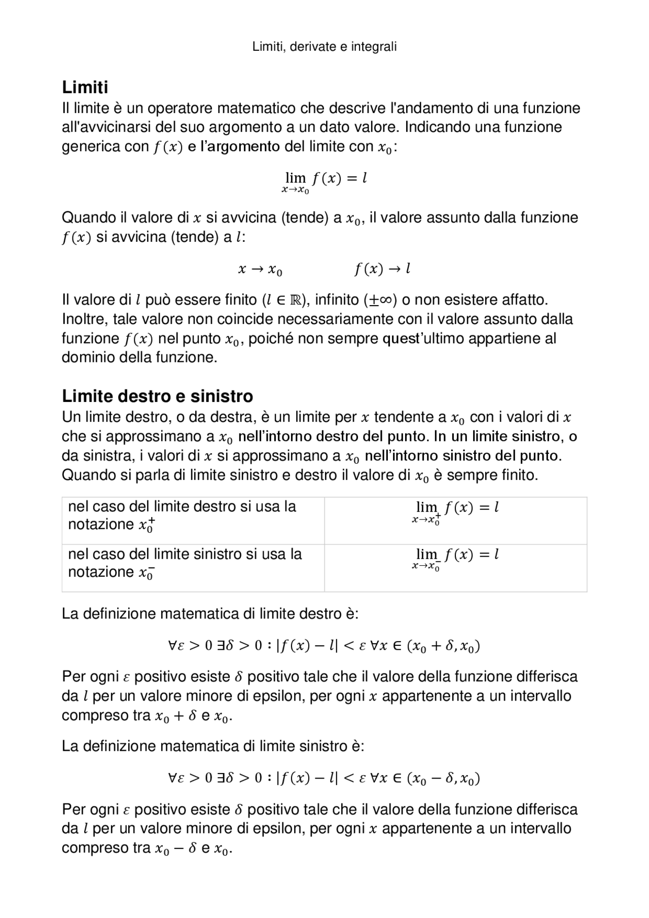 Limiti, derivate e integrali - Docsity