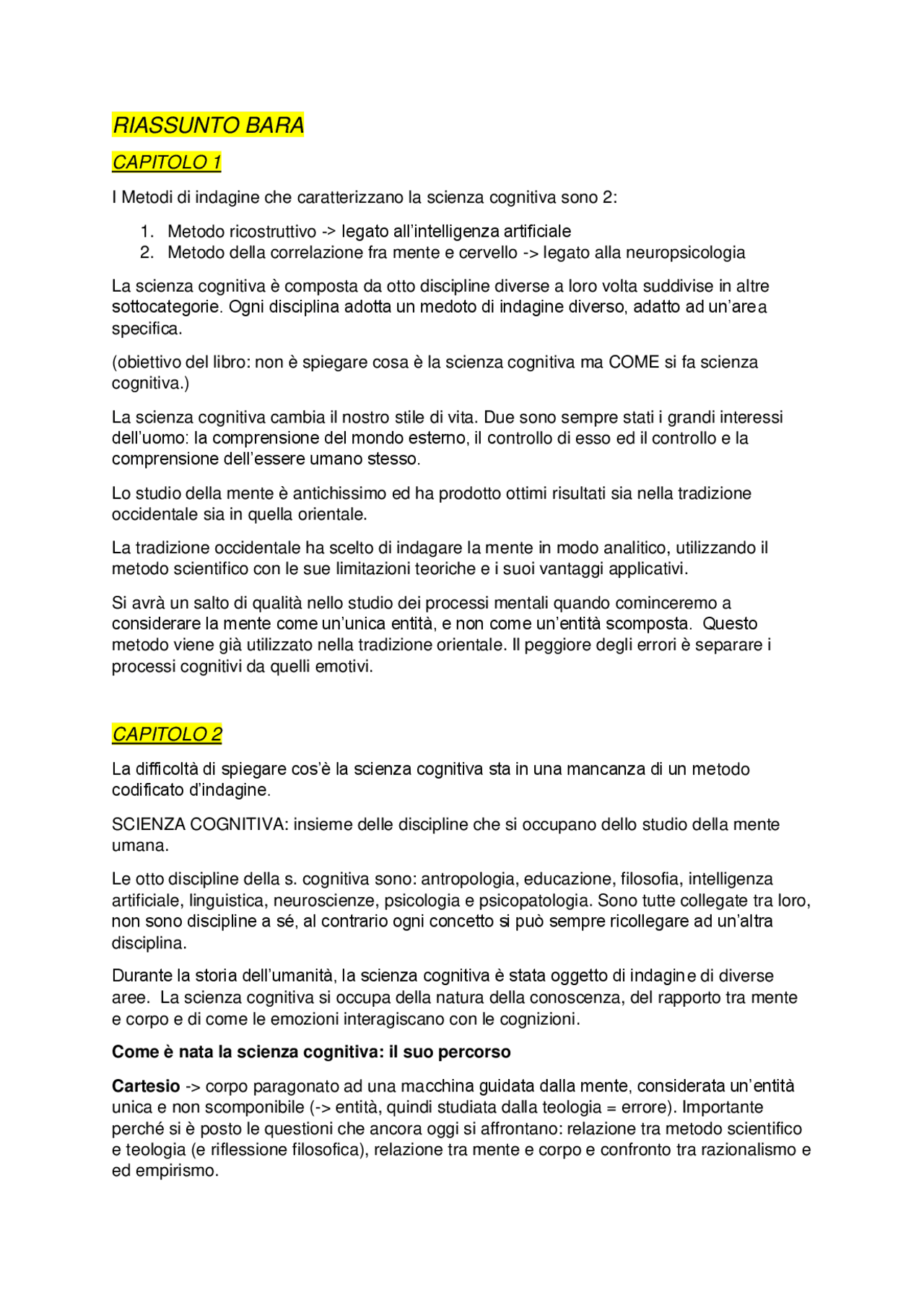 Riassunto Semplice Bara Docsity