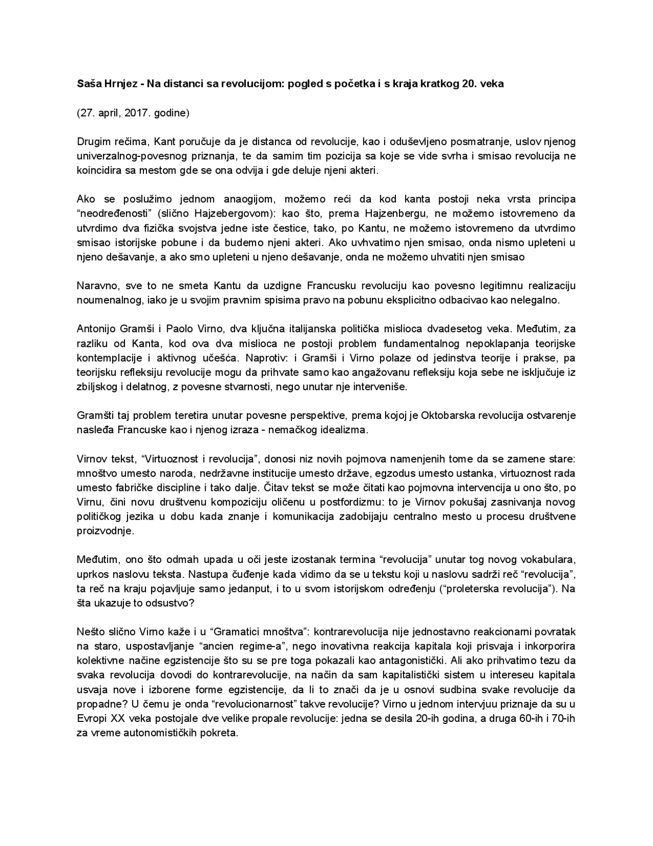 Paolo Virno Zamisliti Revoluciju Beleške Predlog Sociologija Docsity