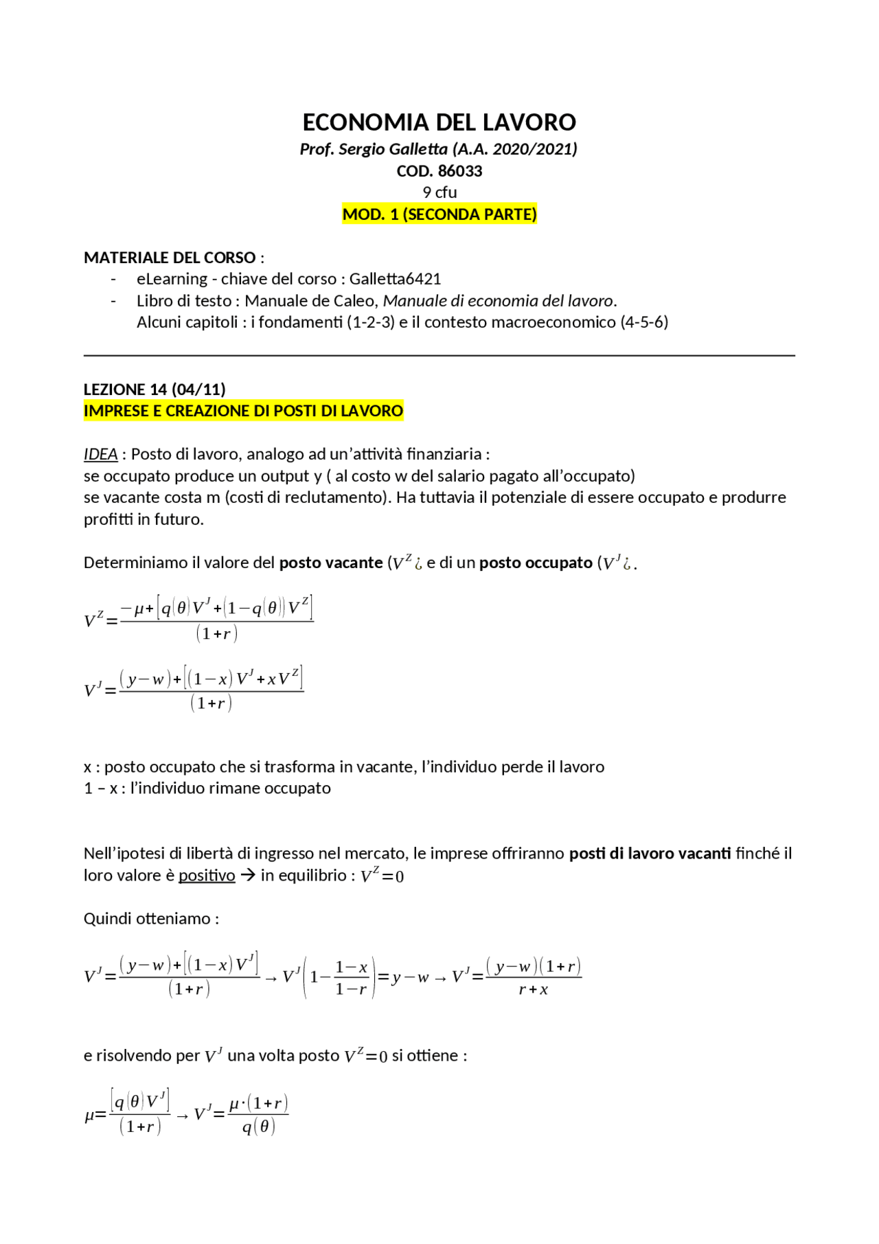 ECONOMIA DEL LAVORO (Modulo 1 - Parte Seconda) - Docsity