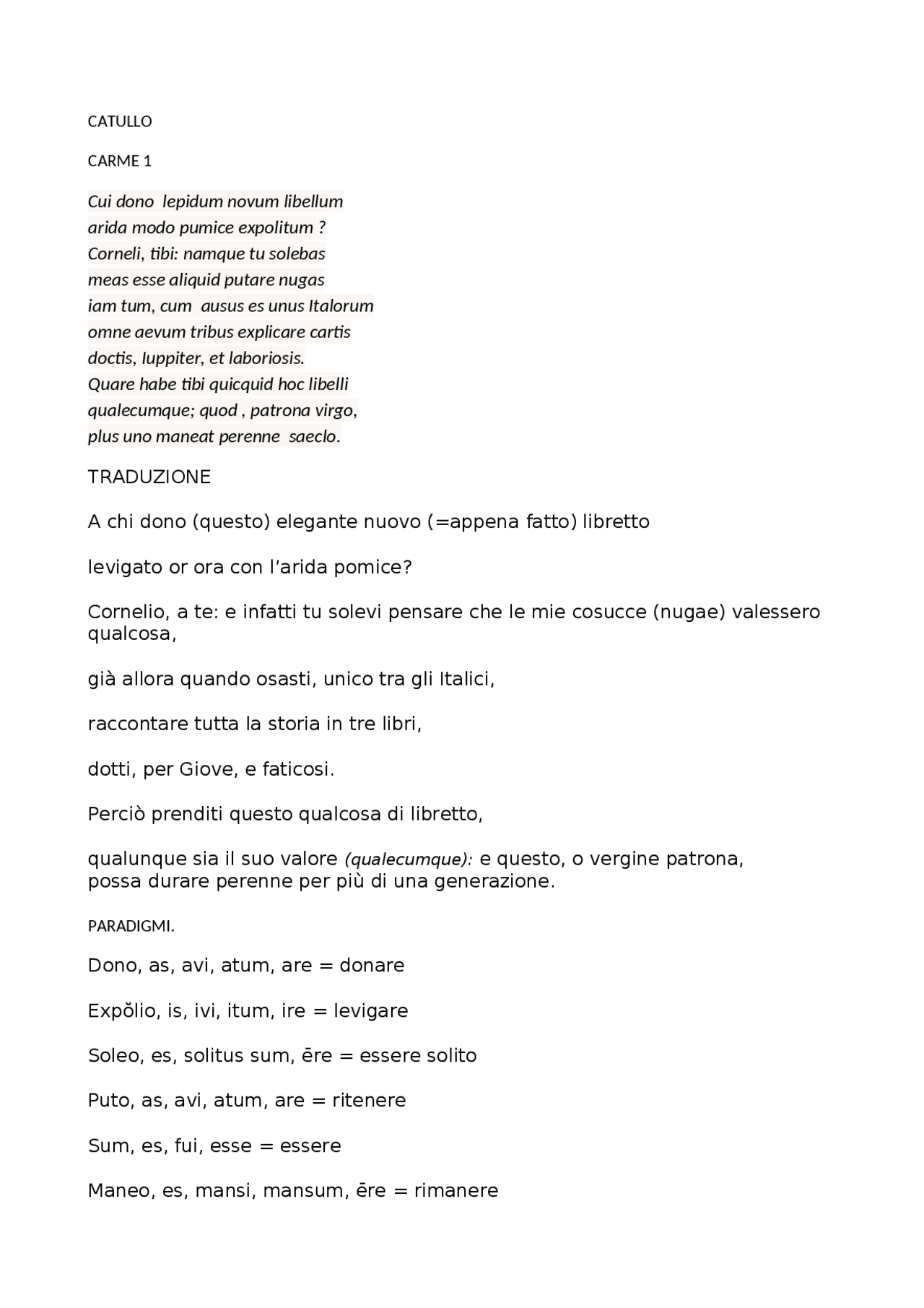 Latino Catullo e i suoi carme - Docsity