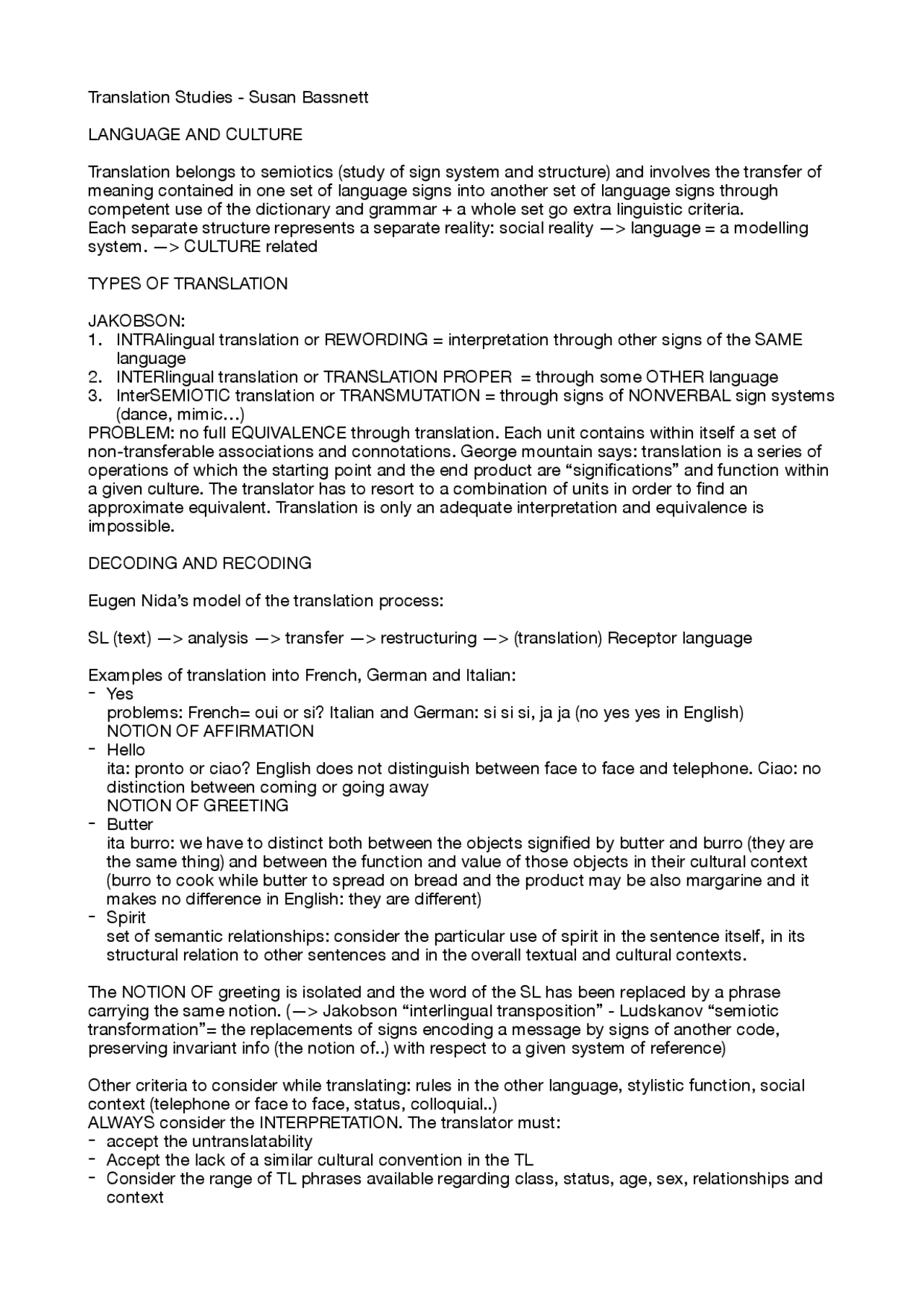 Translation studies Susan Bassnett riassunto - Docsity