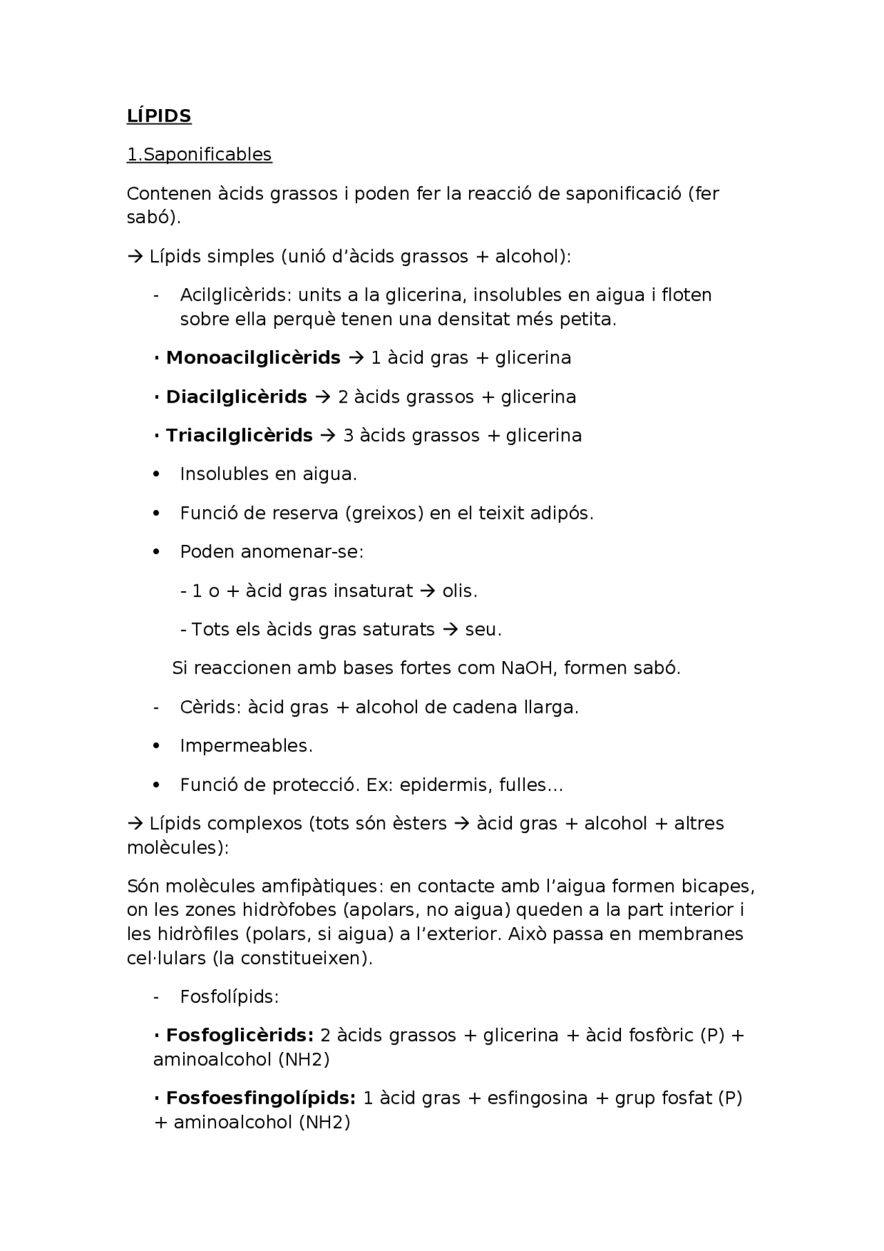 Resum Lípids Primer De Batxillerat Docsity