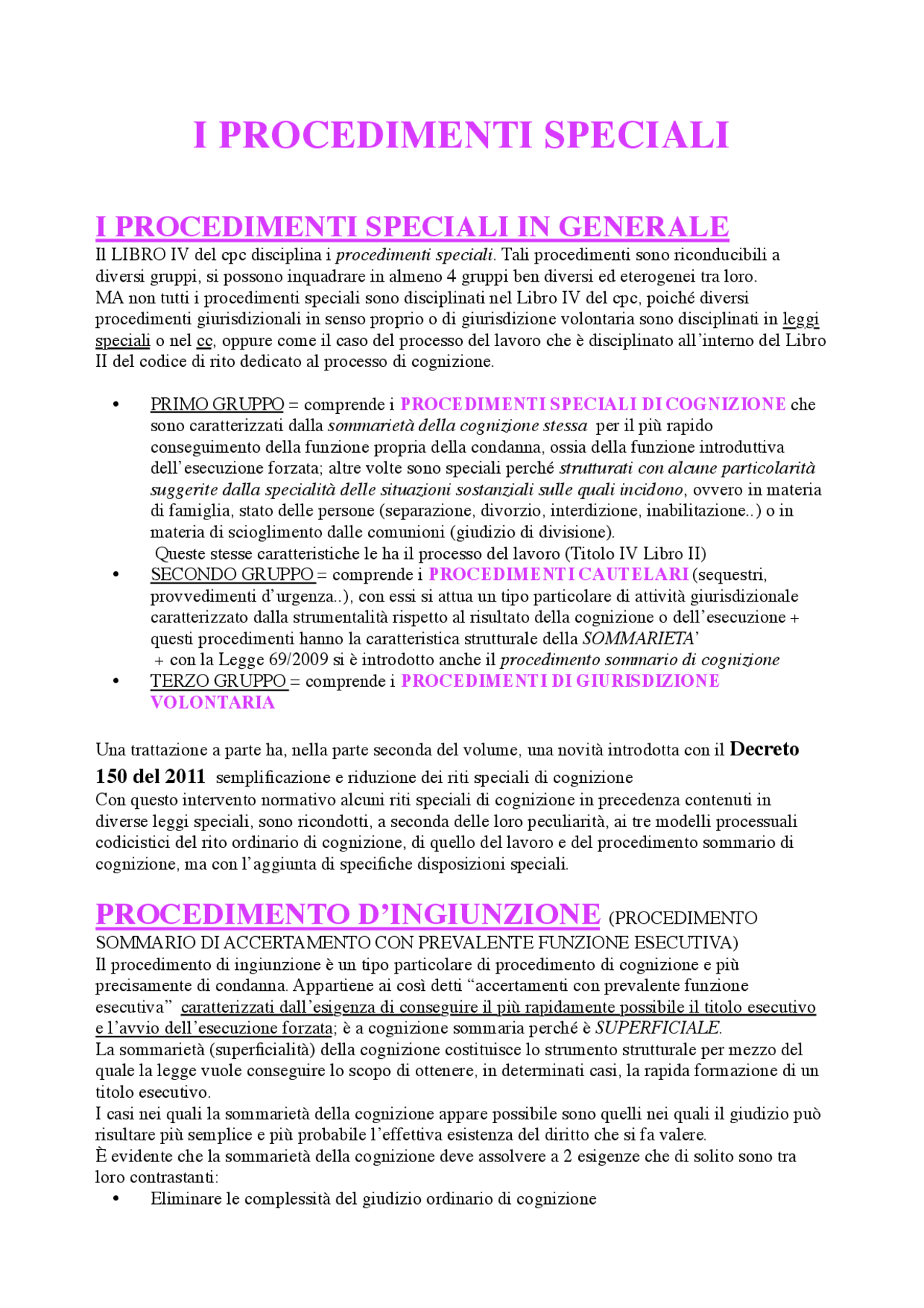 Procedimenti Speciale Procedura Civile Docsity