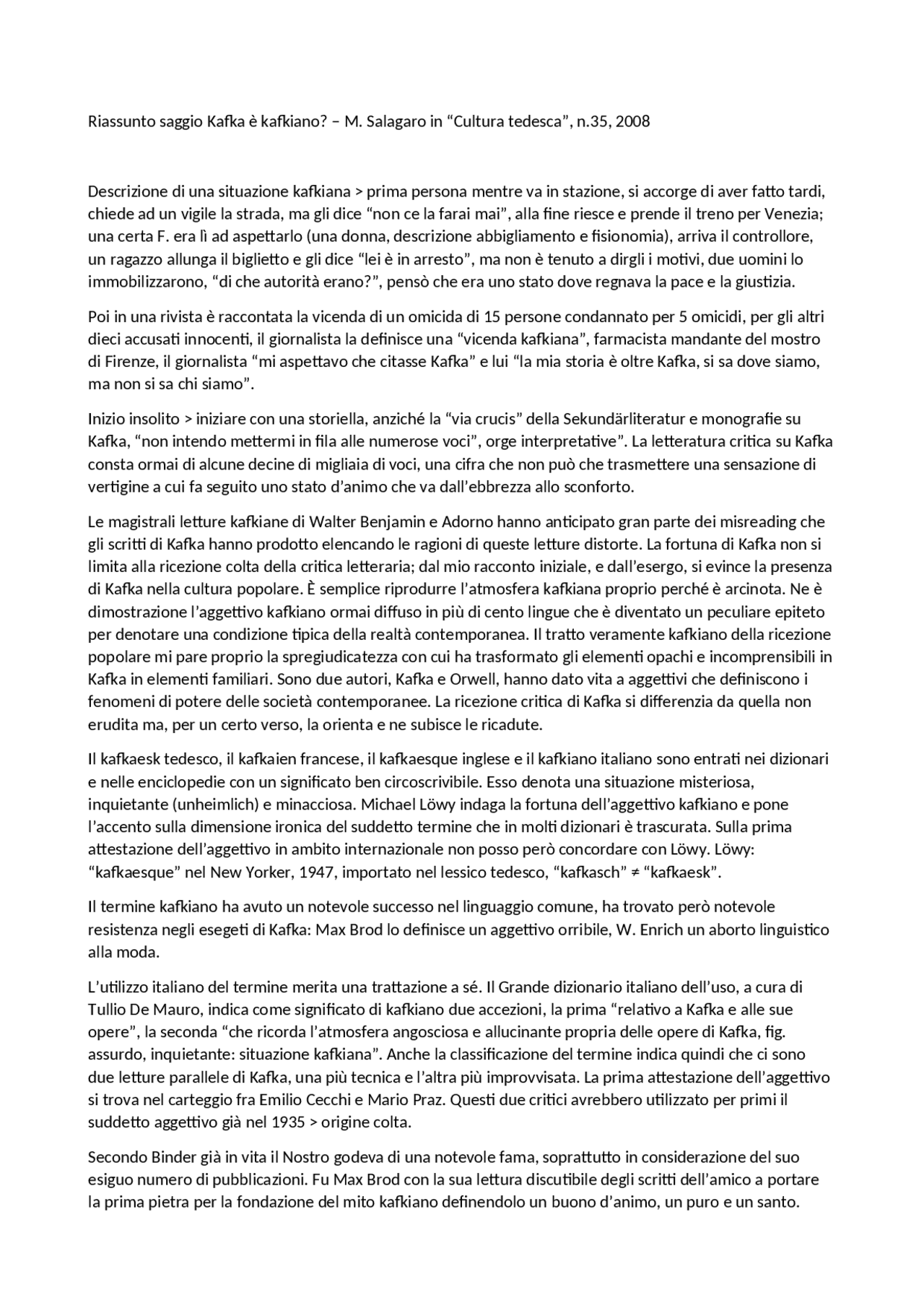 Riassunto Saggio Kafka è Kafkiano Docsity