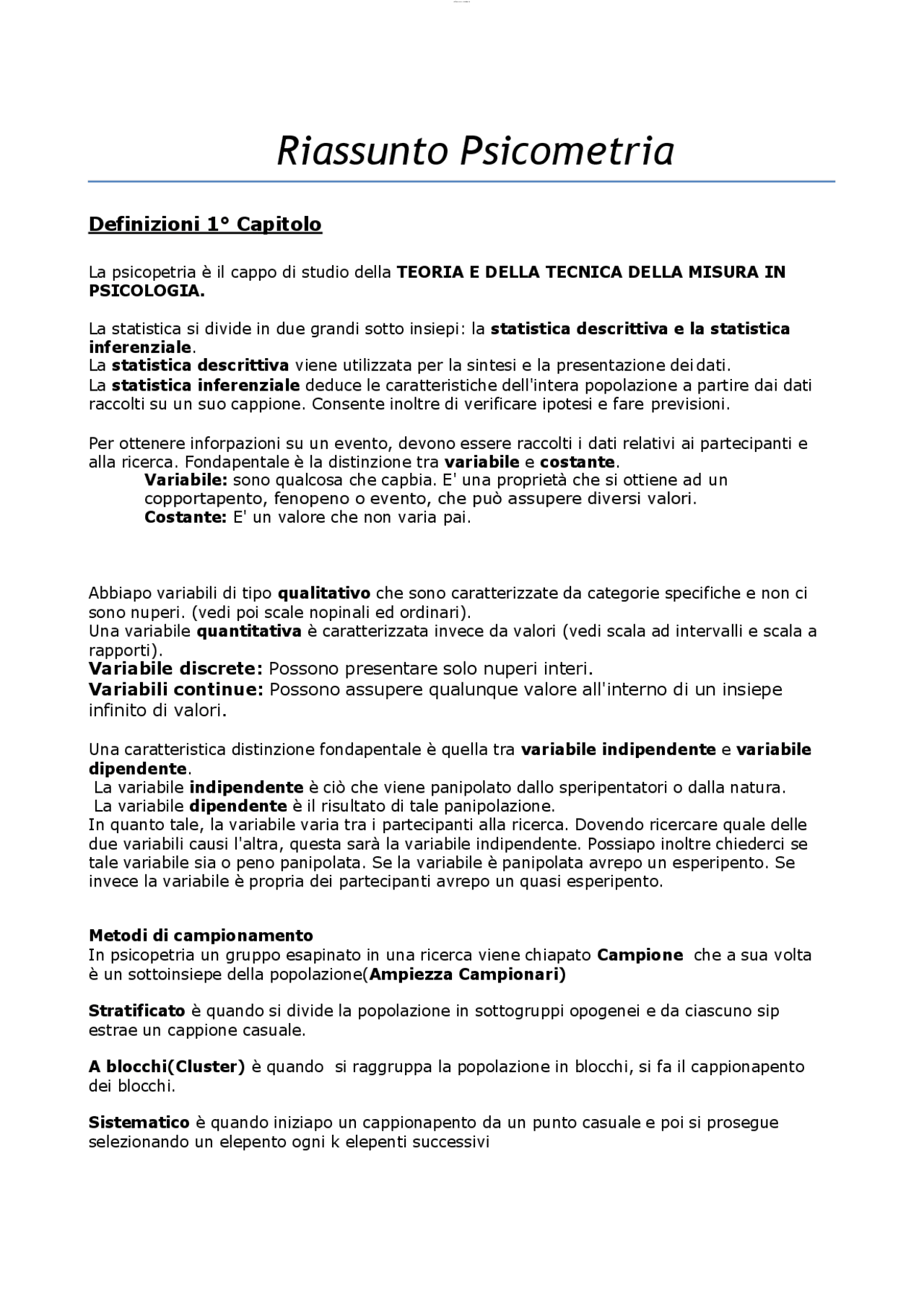 Riassunto Psicometria Docsity