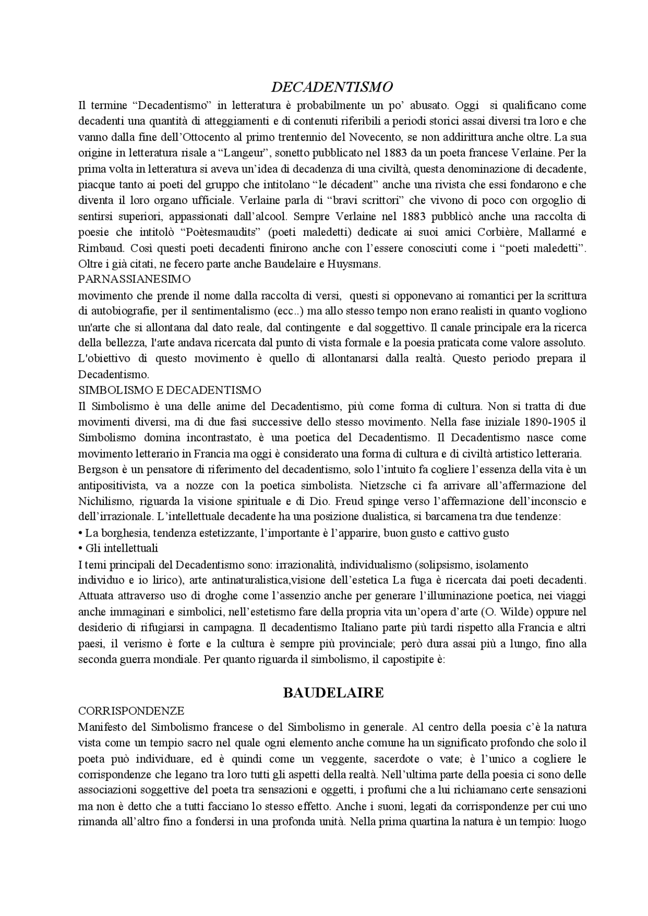 Decadentismo Baudelaire E Pascoli Appunti Di Italiano Docsity