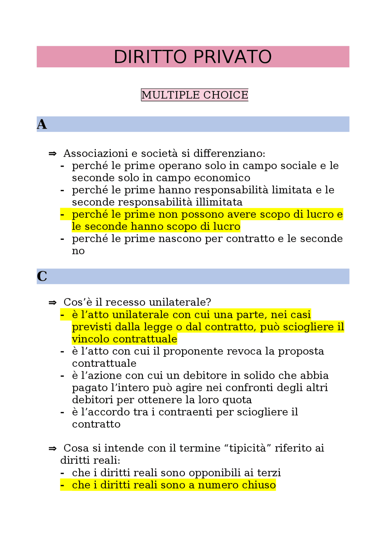 Esame Diritto Privato Prove Desame Di Diritto Privato Docsity