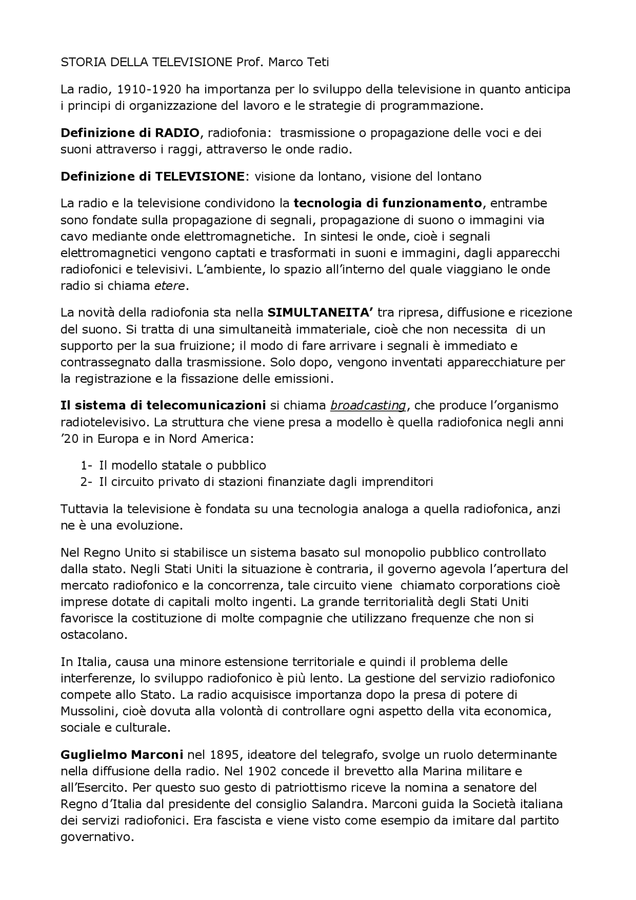 Riassunto Storia Della Televisione Prof Marco Teti Docsity