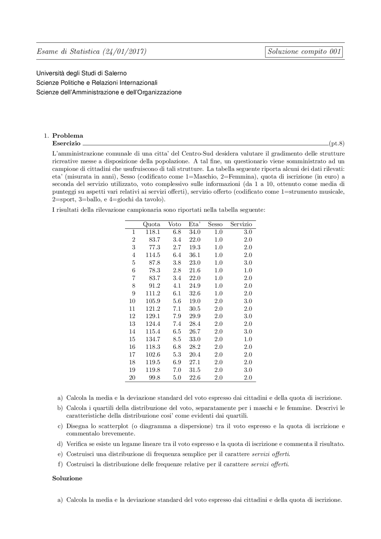 Prova Intercorso Di Statistica Docsity