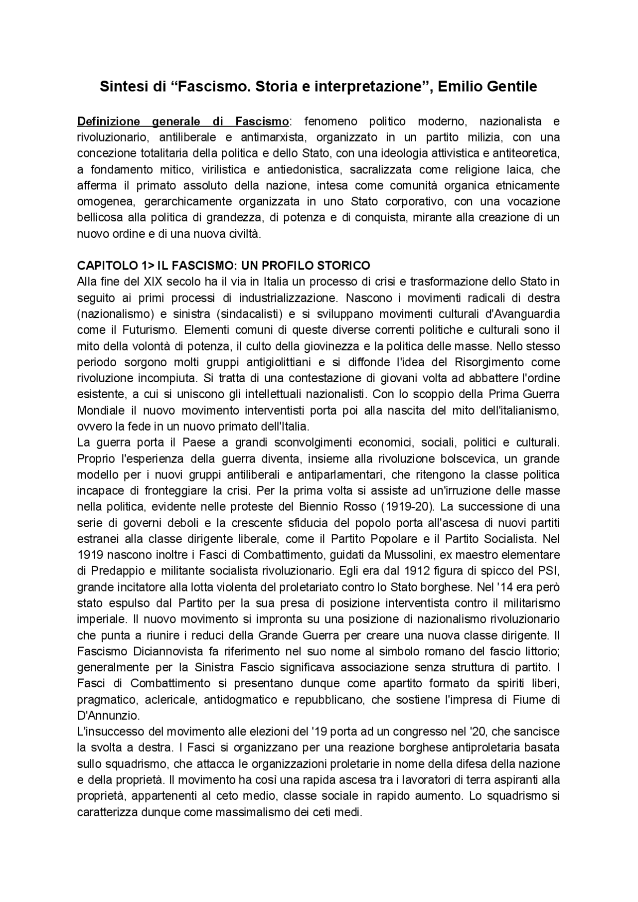 Sintesi Fascismo Emilio Gentile Docsity