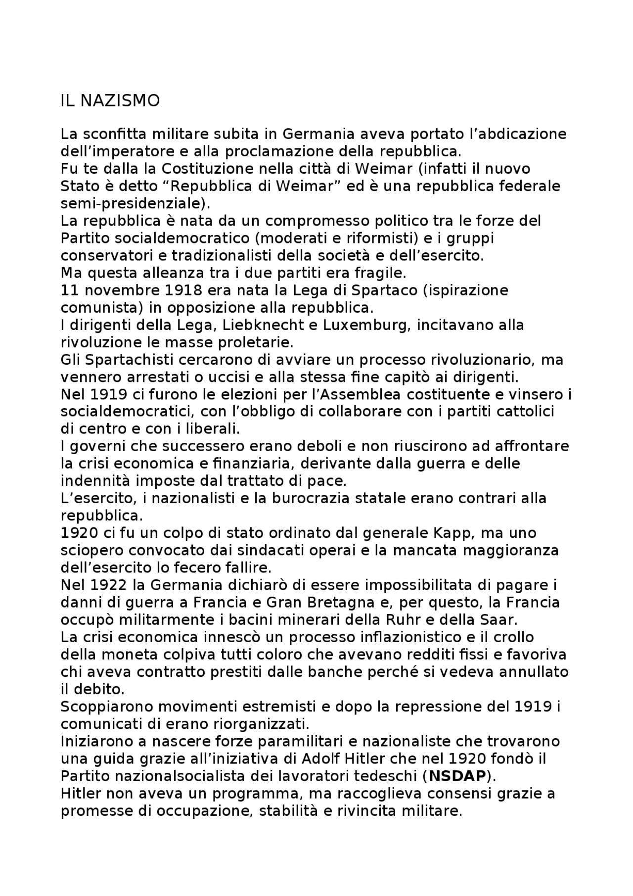 Riassunti Sul Nazismo Docsity