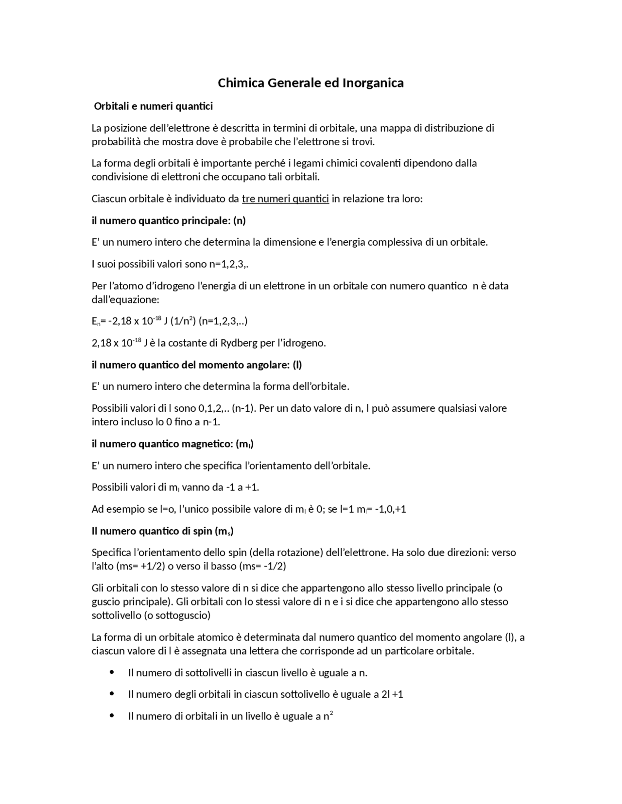 Chimica Inorganica Numeri Quantici E Orbitali Docsity