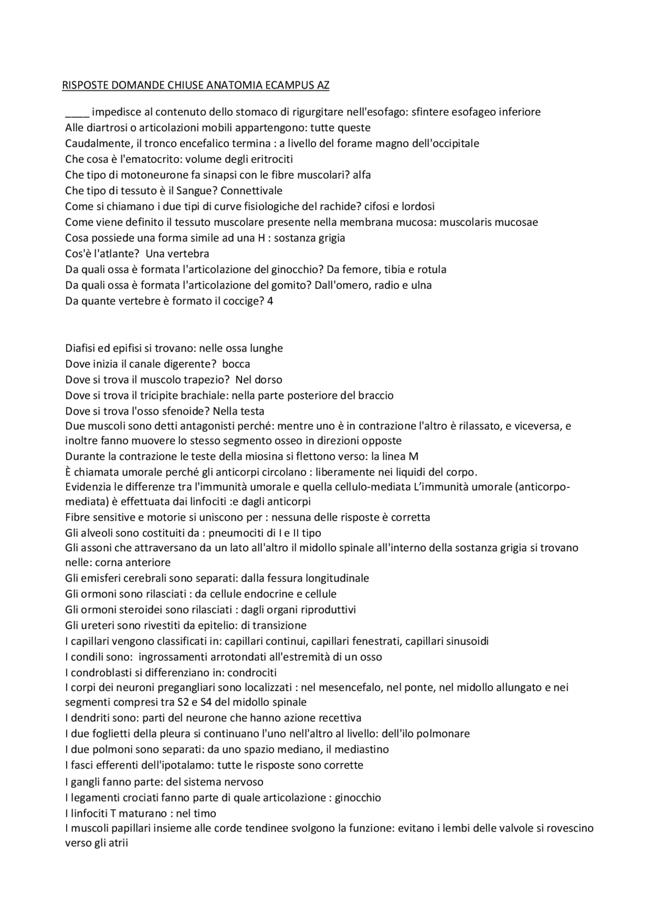 Risposte Domande Chiuse Anatomia Ecampus Az Febbraio 2021pdf Docsity