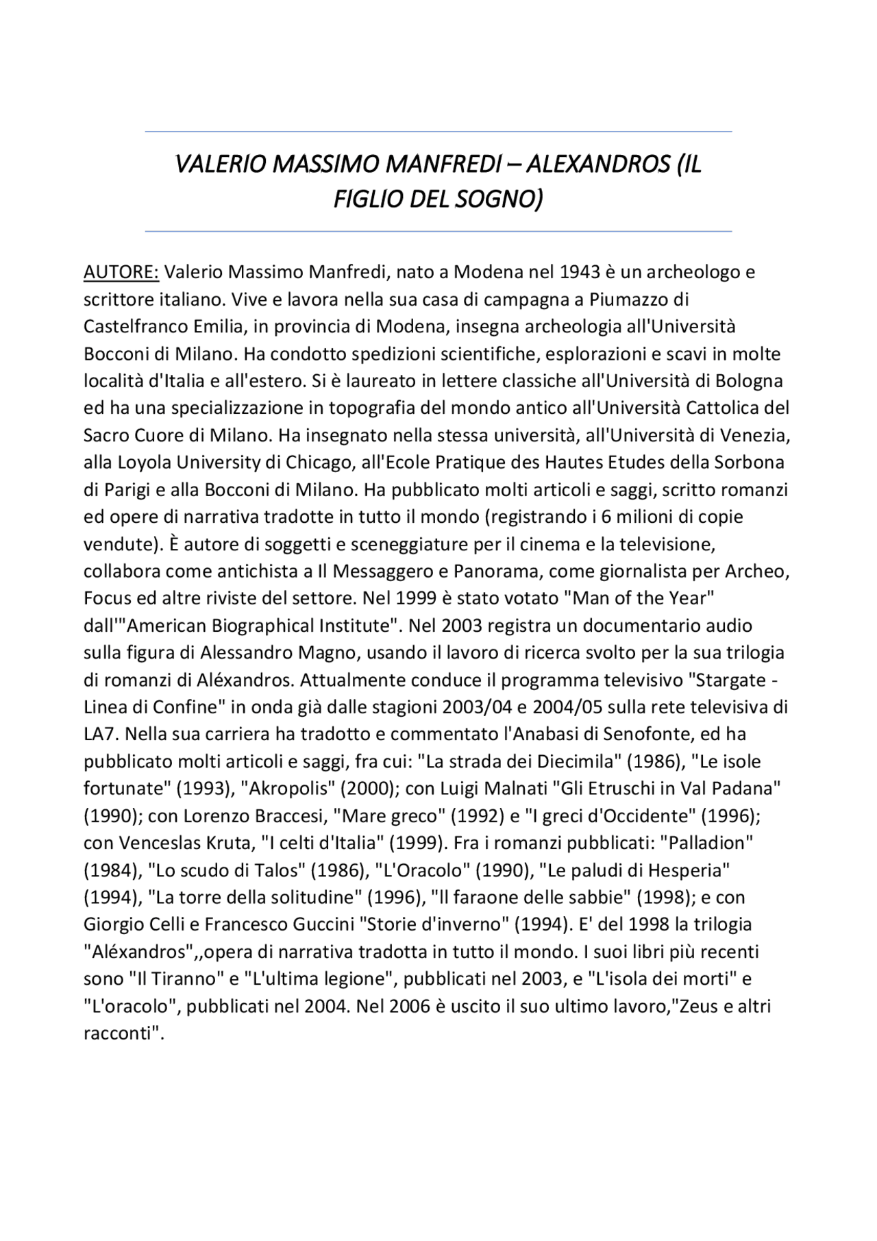 Valerio Massimo Manfredi Alexandros Docsity