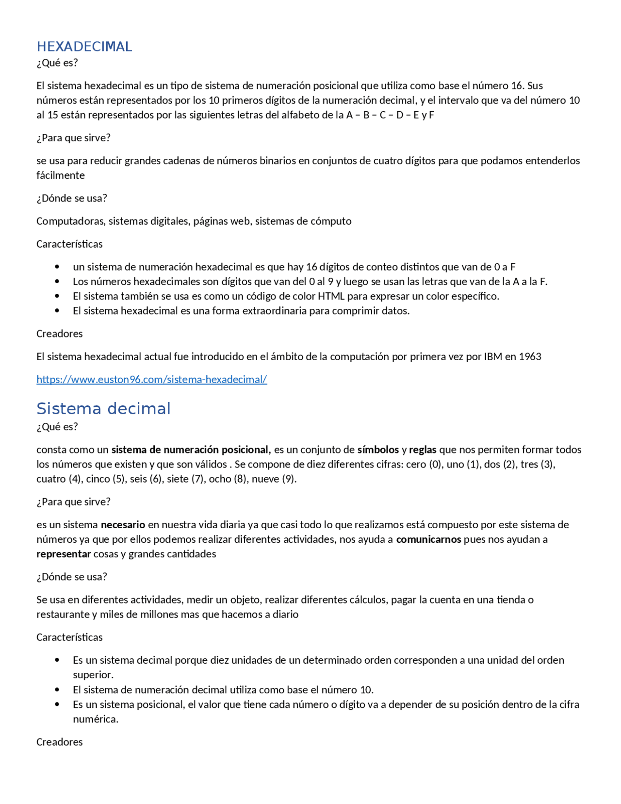 Hexadecimales y sistema decimal - Docsity