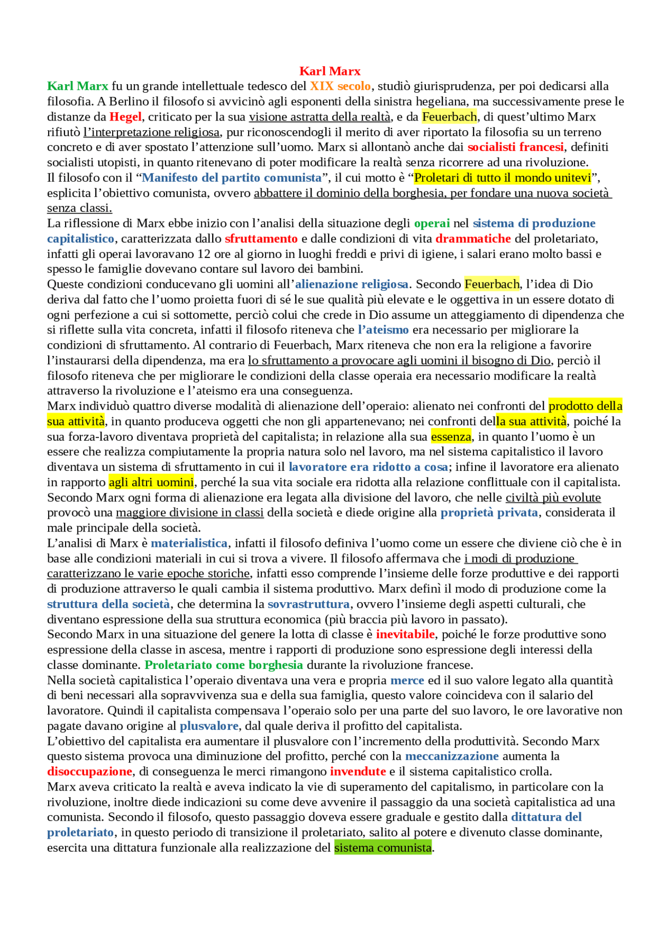 Marx, alienazione e rivoluzione - Docsity