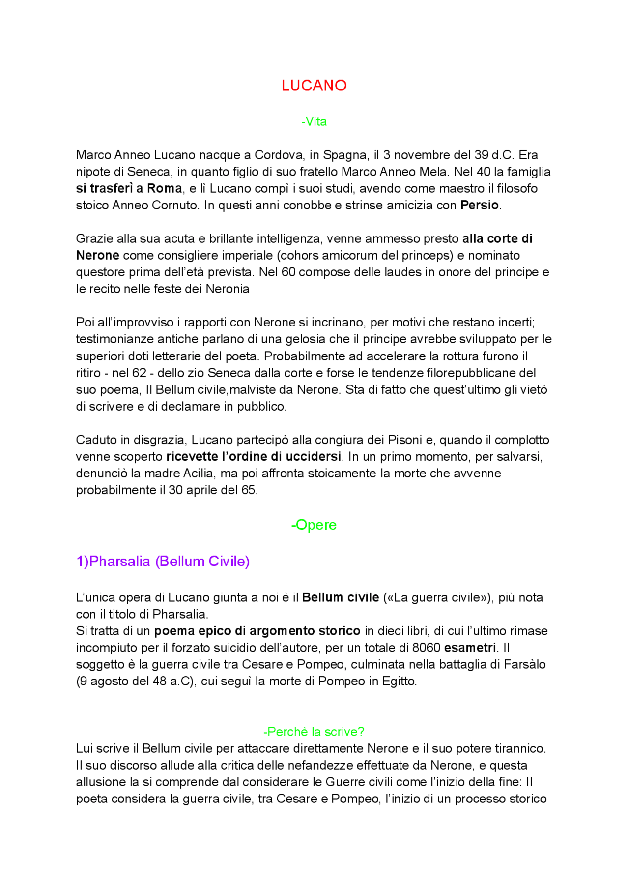 Lucano Vita E Opere Docsity