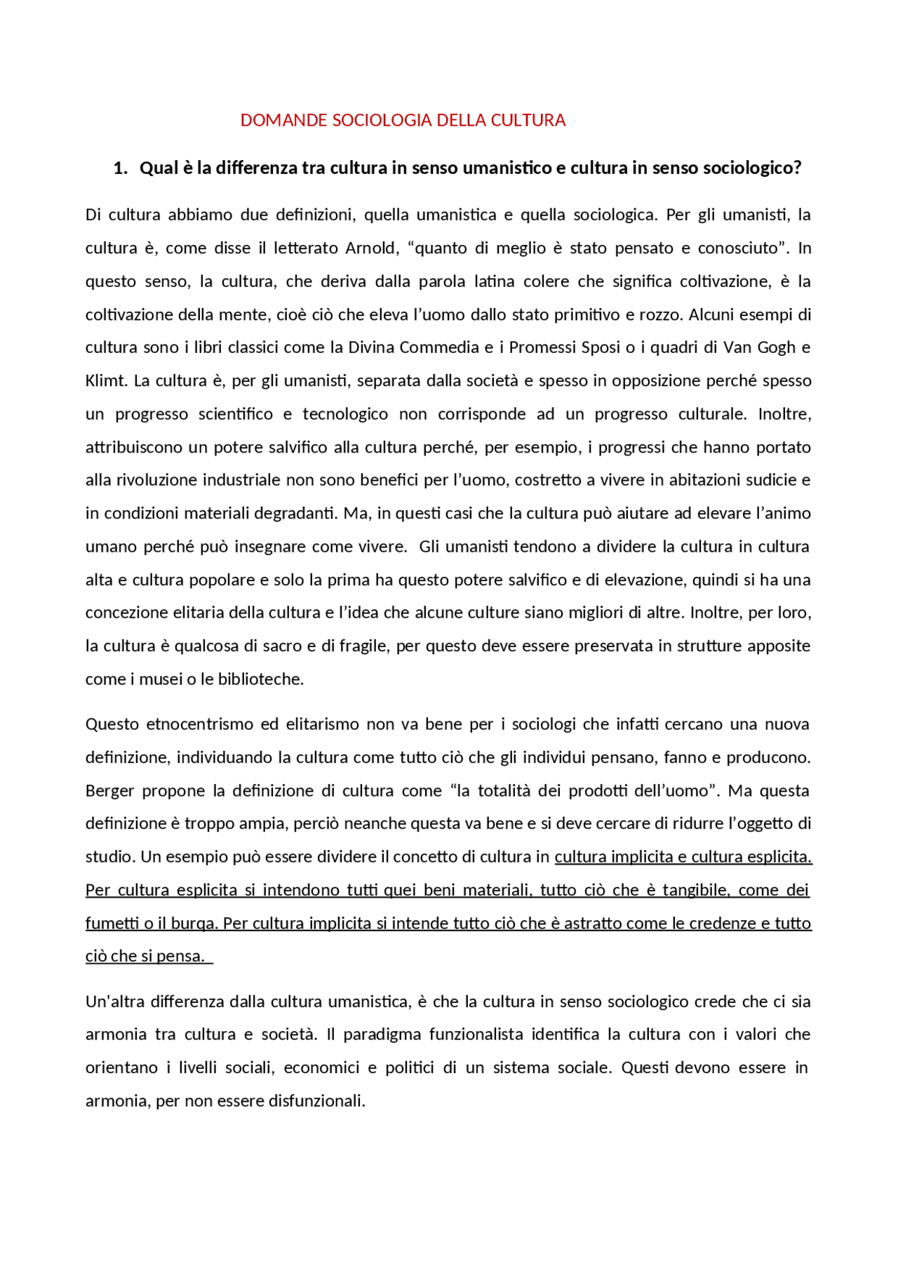 Domande E Risposte Domande Di Sociologia Della Cultura Docsity
